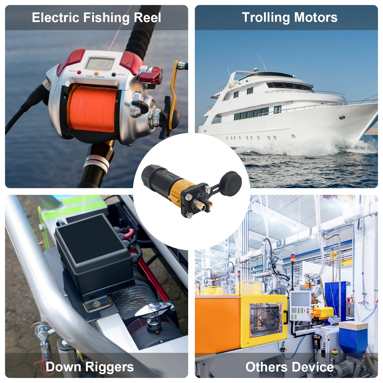Trolling Motor Plug and Receptacle Set, Waterproof Self Lock Marine Boat Power Connector, 12V/24V/ 36V/48V Plug for Trolling Motor/Down Rigger/Fishing Reel (Yellow)