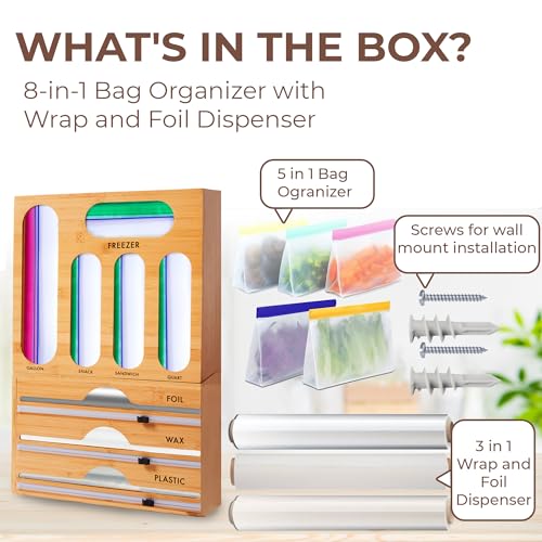 PANDAWOOD 8 IN 1 Storage Bag Organizer - Bamboo Plastic Bag Organizer - Foil Plastic Wrap Dispenser with Cutter - Kitchen Organizers Storage - Kitchen Drawer Organizer For Sandwich Bag, Food Bag