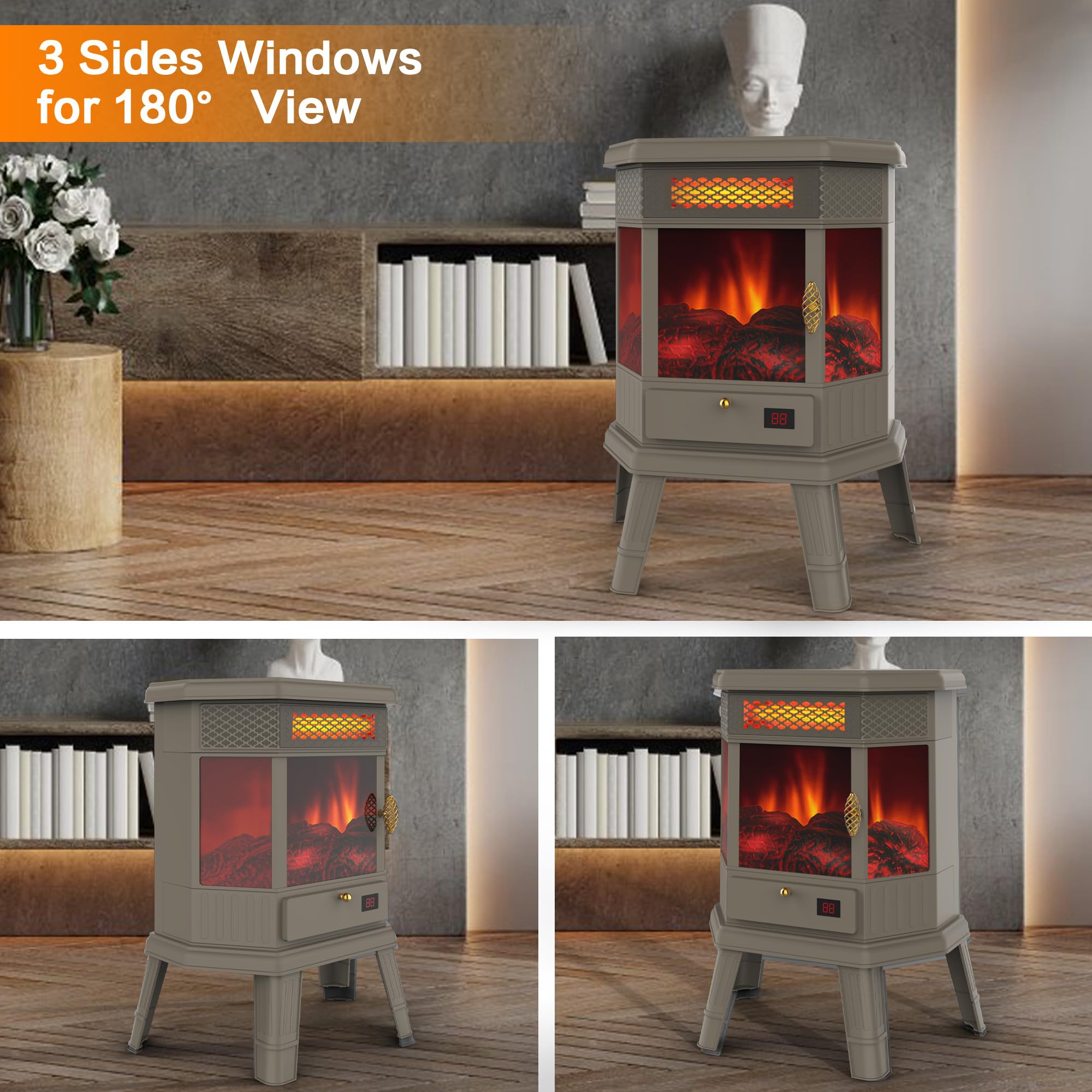 RealSmart Electric Fireplace Heater 22'' Freestanding Fireplace Stove Infrared Fireplace with 3D Flame Effect Remote Control, Timer, Overheating Protection Heater for Indoor Use Brown