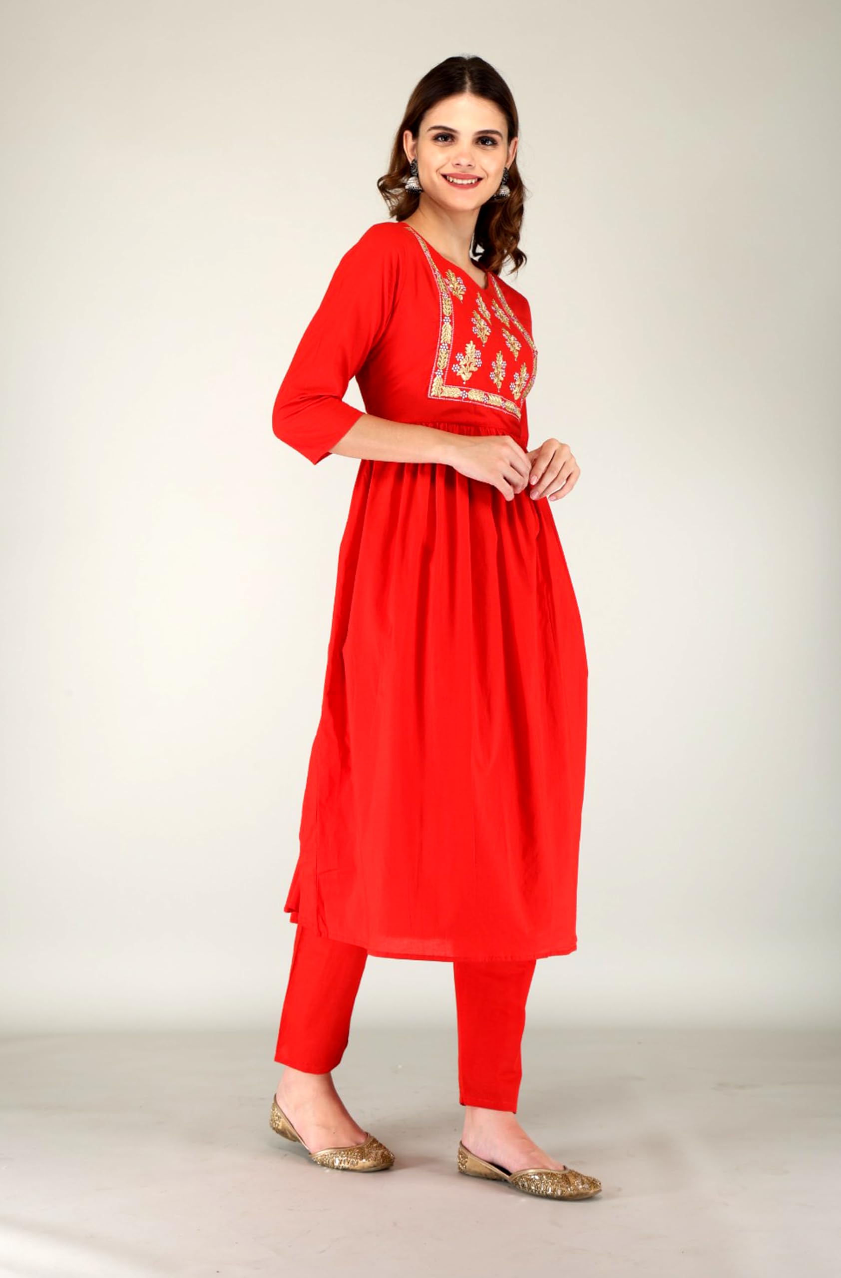 MAHICH WOMEN'S Rayon Anarkali Kurti, Plazzo with Dupatta Set (L) Red