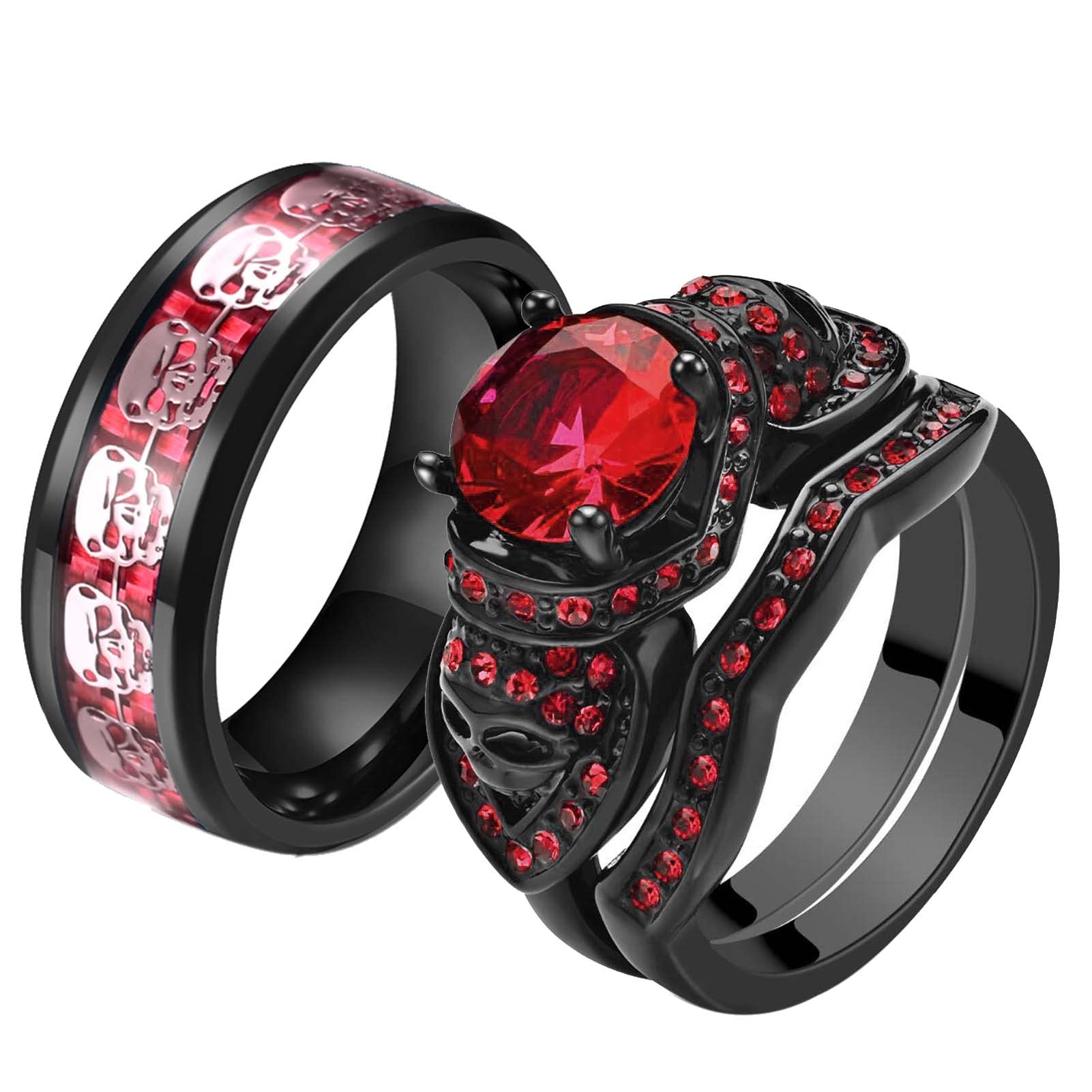 Ringcrown Couple Rings Black Plated Round Red Cz Womens Wedding Ring Sets Skull Ring Titanium Steel Man Wedding Bands(Please Buy 2 Rings for 1 Pair)