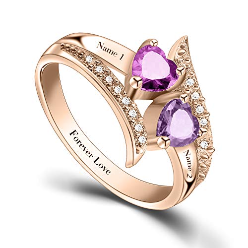 ORFAN Personalized Promise Rings for Her Custom Couples Name Ring for Women Mother Rings with 2 Simulated Birthstones Customized Christmas Gift for Her (Rose gold)