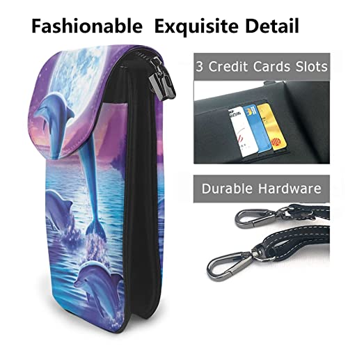 Small Crossbody Cell Phone Purse Wallet For Women Purple Sky Jumping Dolphin Shoulder Pouch