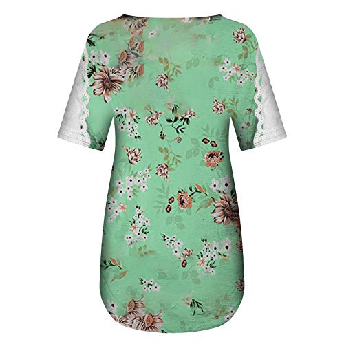 wodceeke Women's Lace Short-Sleeved Floral T-Shirt V-Neck Plus Size Stitching Tee Summer Casual Sports Top (Green, XL)