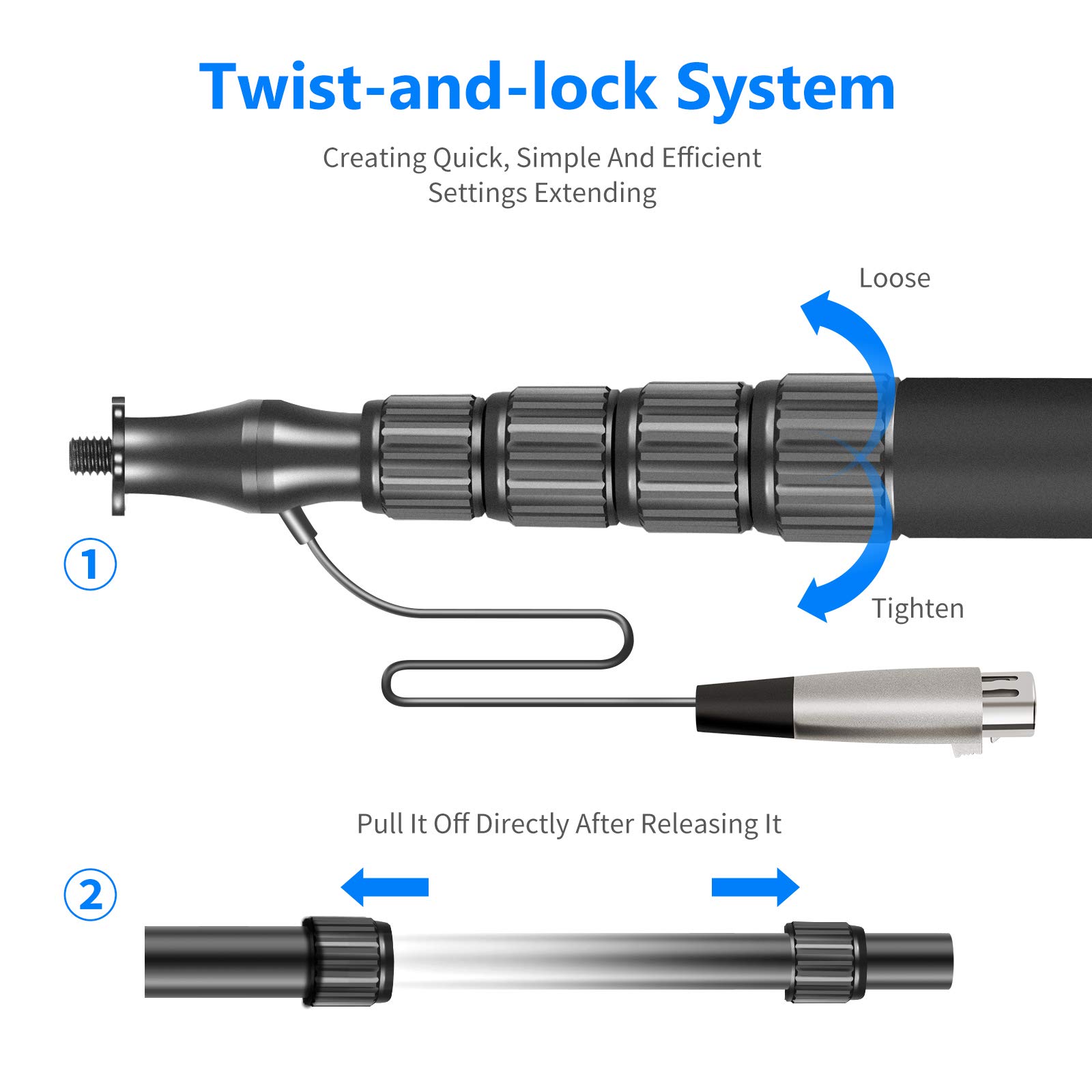 Neewer NW-088 Hand Pickup Arrow Arm with XLR Cable 5-Section Aluminum Pickup Arm with Foam Handles and Turning Locks for Micro Zoom, Adjustable Length from 2.82" to 9.88"