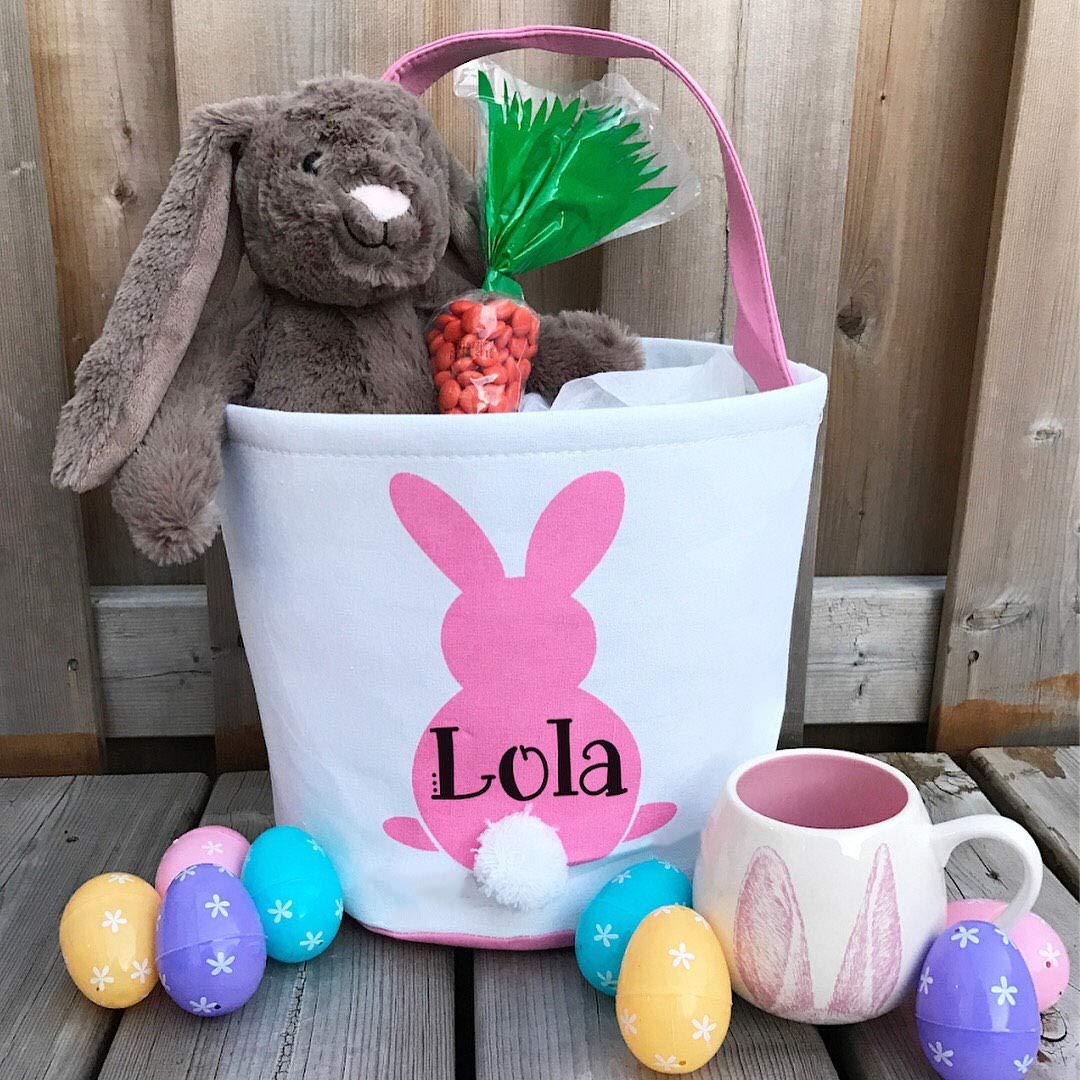 MONOBLANKS Easter Bunny Basket Bags for Kids Boys Girls, Rabbit Bucket Tote for Easter Egg Hunts Decorations Candy Gifts Storage (Pink)