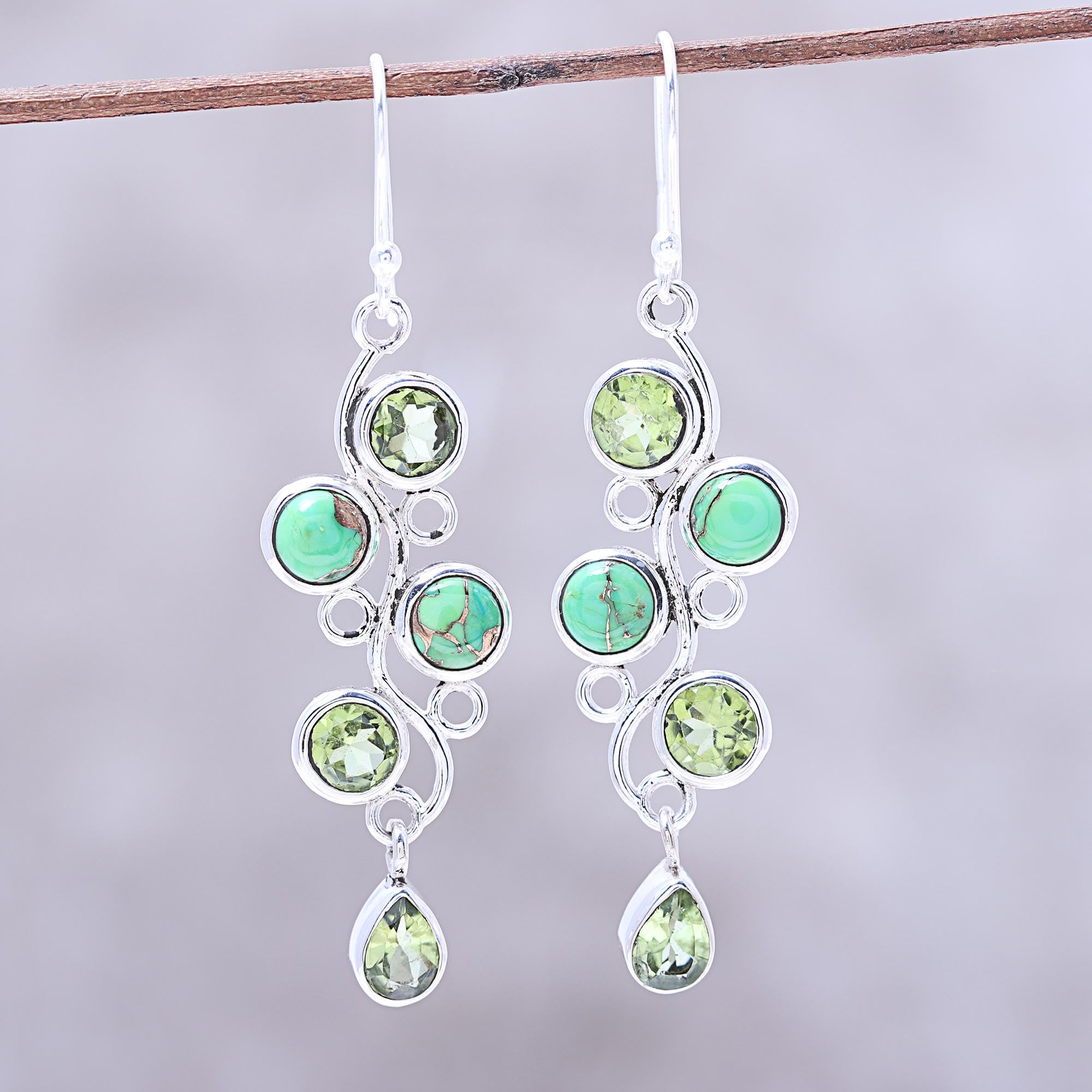 NOVICA Artisan Handmade Peridot Dangle Earrings Composite Turquoise from India Sterling Silver Reconstituted Birthstone Gemstone [2.3 in L x 0.5 in W x 0.2 in D] ' Green Sheen'
