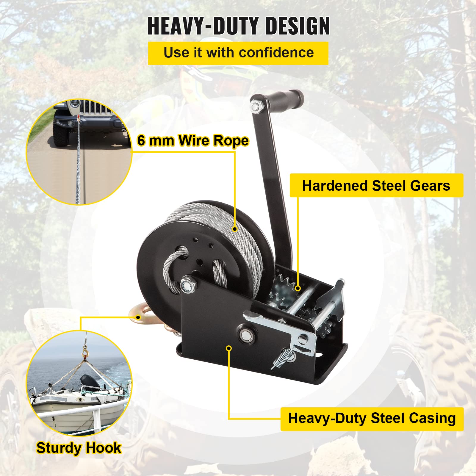VEVOR Rope Crank, 3500 LBS Capacity Heavy Duty Hand Winch with 10 m(32.8 ft) Wire Cable and Alloy Hook, w/ 2-Gear Two-Way Manual Operated Ratchet, for ATVs Boats Trailers Trucks Auto Marine, Black