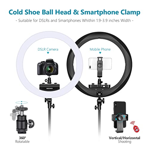 Neewer Ring Light Kit [Upgraded Version-1.8cm Ultra Slim]-18 inches,3200-5600K,Dimmable LED Ring Light with Light Stand, Phone Clip,Hot Shoe Adapter for Portrait Makeup Video Shooting (Black)