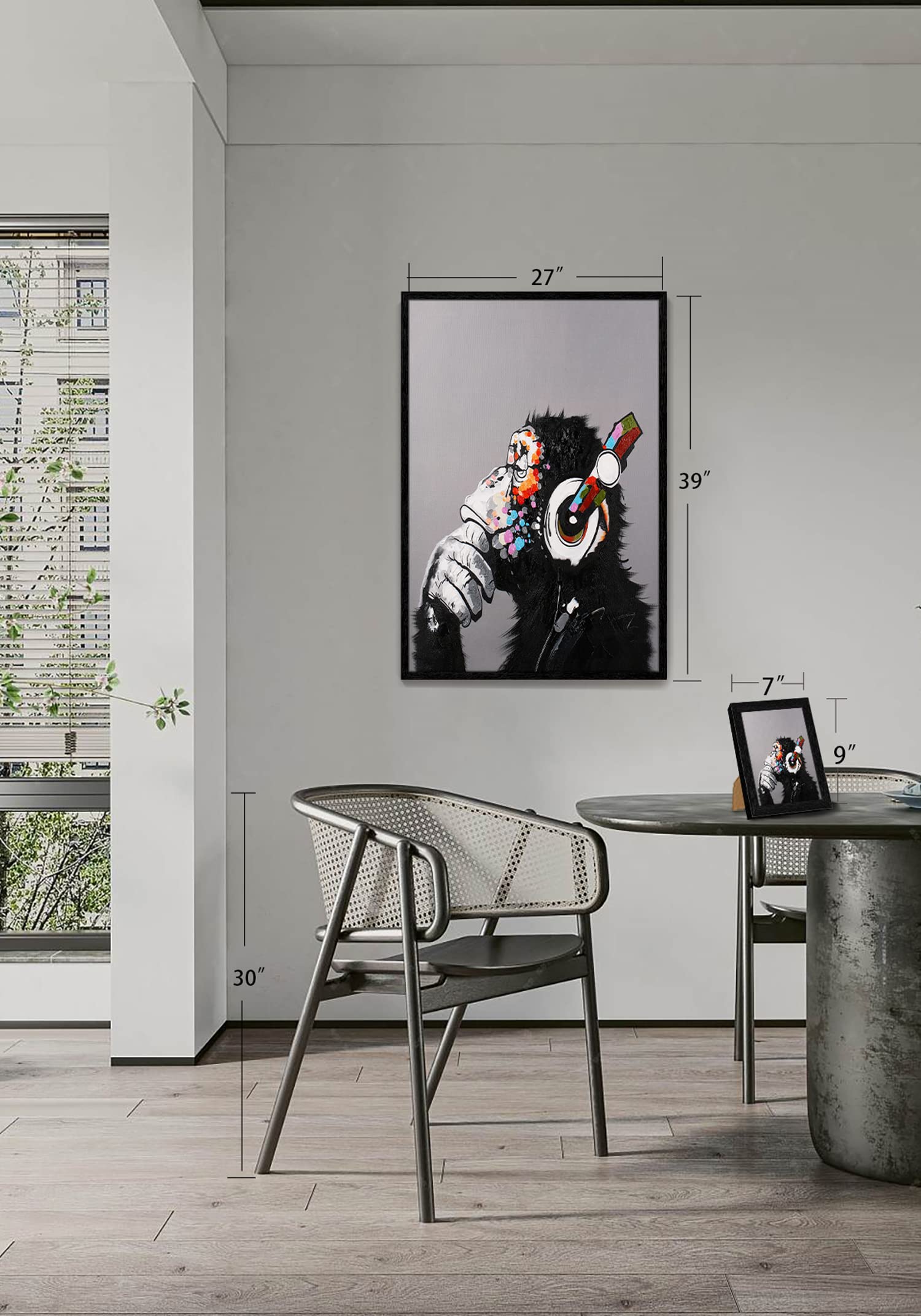 Modern Pop Art Decor - Framed - Thinking Monkey With Headphones Canvas Print Home Decor Wall Art, Gallery Wrap Inner Frame, 24x24