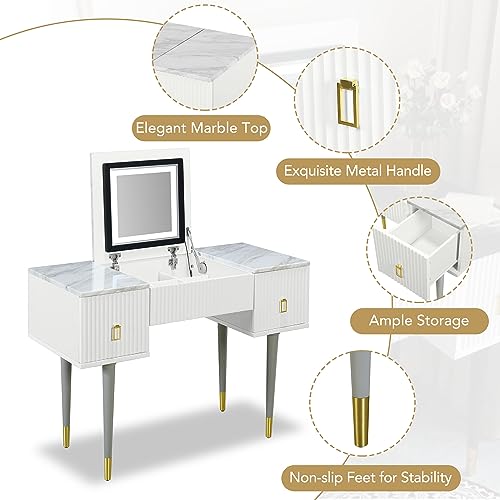 Lifeand 43.3" Modern Vanity Table Set with Flip-top Mirror and LED Light, Dressing Table with Customizable Storage, Marble-Style Stickers Tabletop, White+Gray