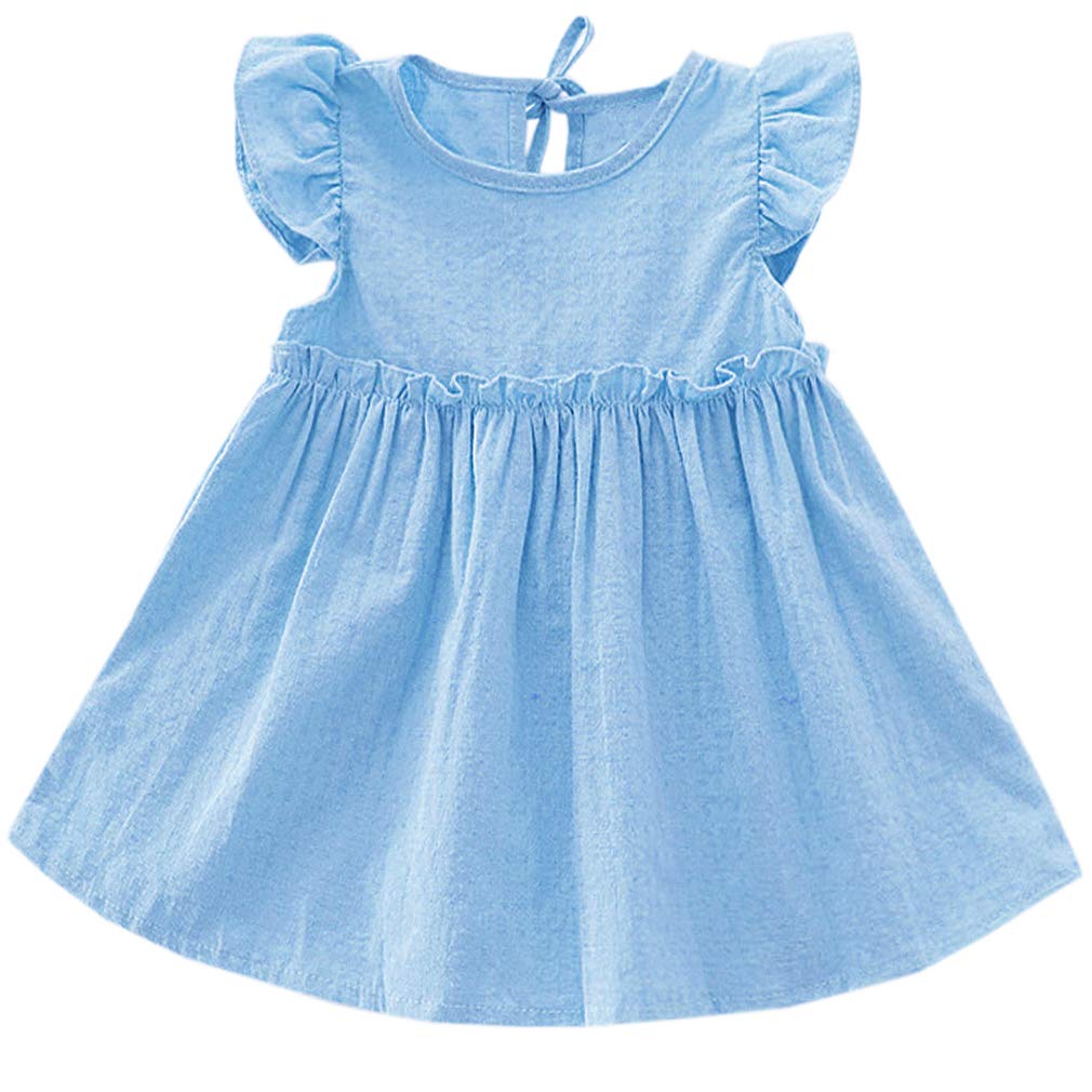Niyage Baby Toddler Girls Cotton Flutter Sleeve Pleated Tunic Dress Swing Casual Playwear Blue 90