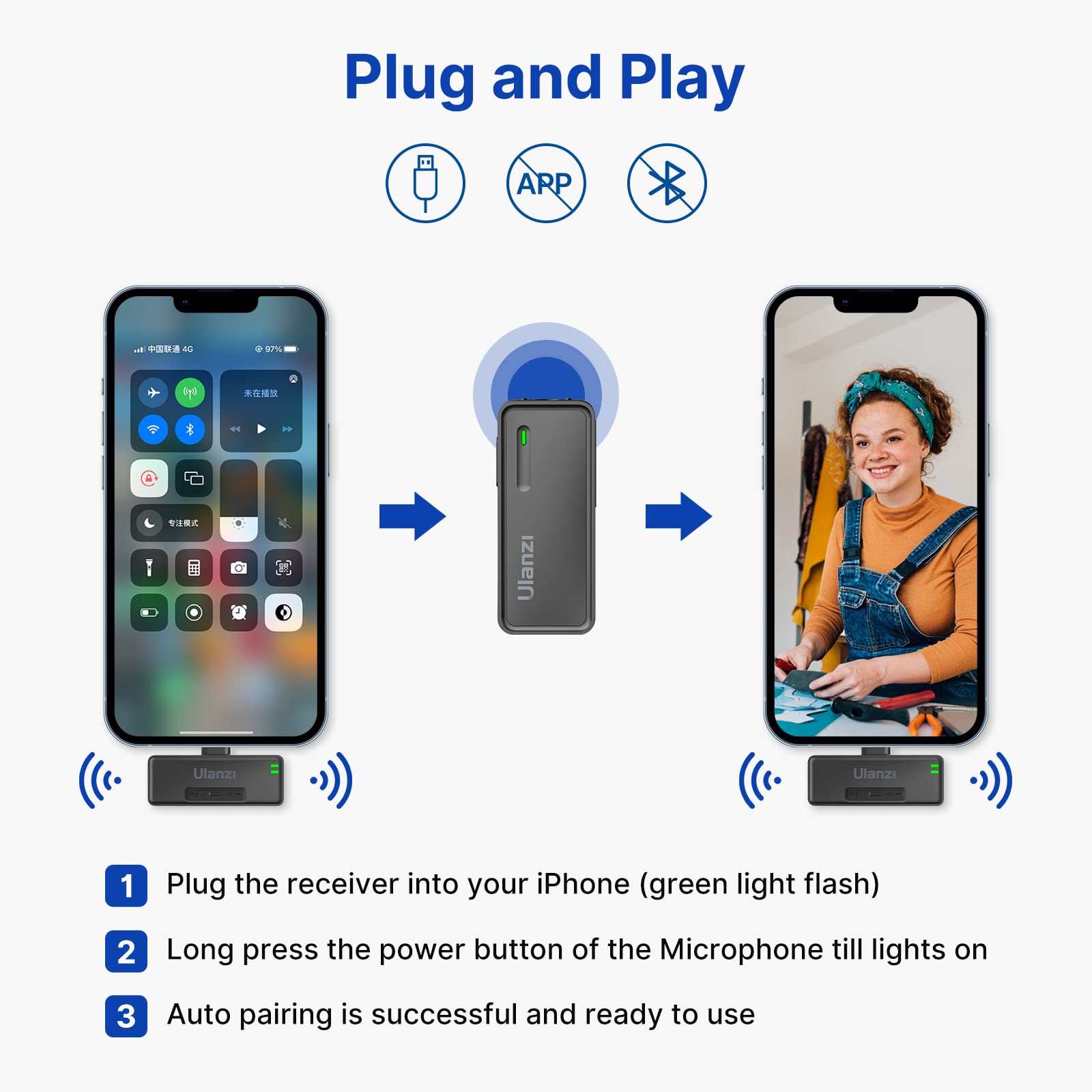 ULANZI Wireless Lavalier Microphone for iPhone iPad, 2-in-1 2.4GHz Clip on Lapel Microphone Mini Mic 100m Transmission with Charging Case for Video Recording Vlogging, Interview for iPhone 14/13/12