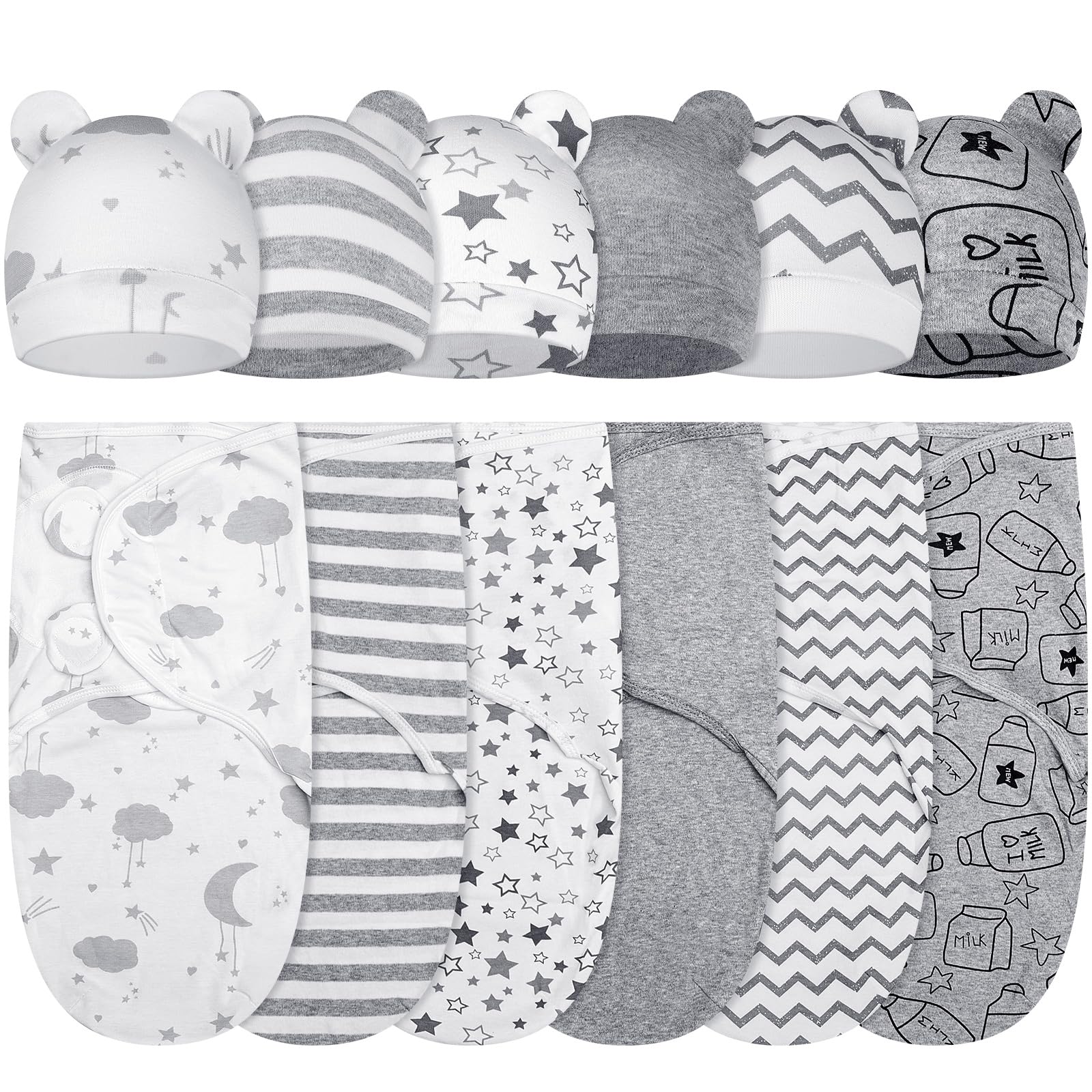 Ramede 6 Pack Baby Swaddle Blanket with Hats Set for 0-3 Months Preemie Newborn Sacks Soft Cotton Wearable for Baby Boy and Girl (Star,0-3 Months)