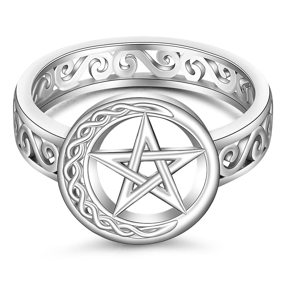Talonior Pentacle Ring for Women Celtic Knot Moon Star Pentagram Ring Sterling Silver Witch Wiccan Pagan Promise Protection Amulet Jewelry Size 9