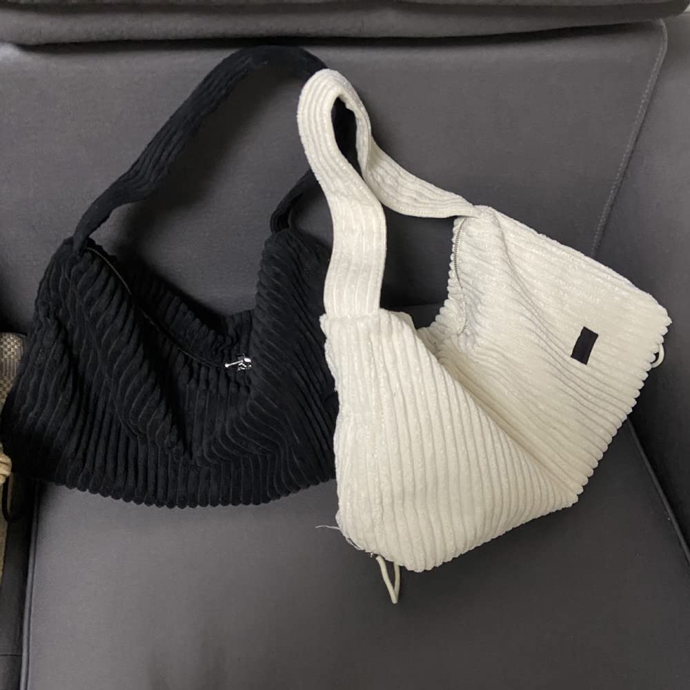 Ulisty Women Corduroy Large Capacity Shoulder Bag Wide Strap Hobo Bag Casual Underarm Bag Handbag black