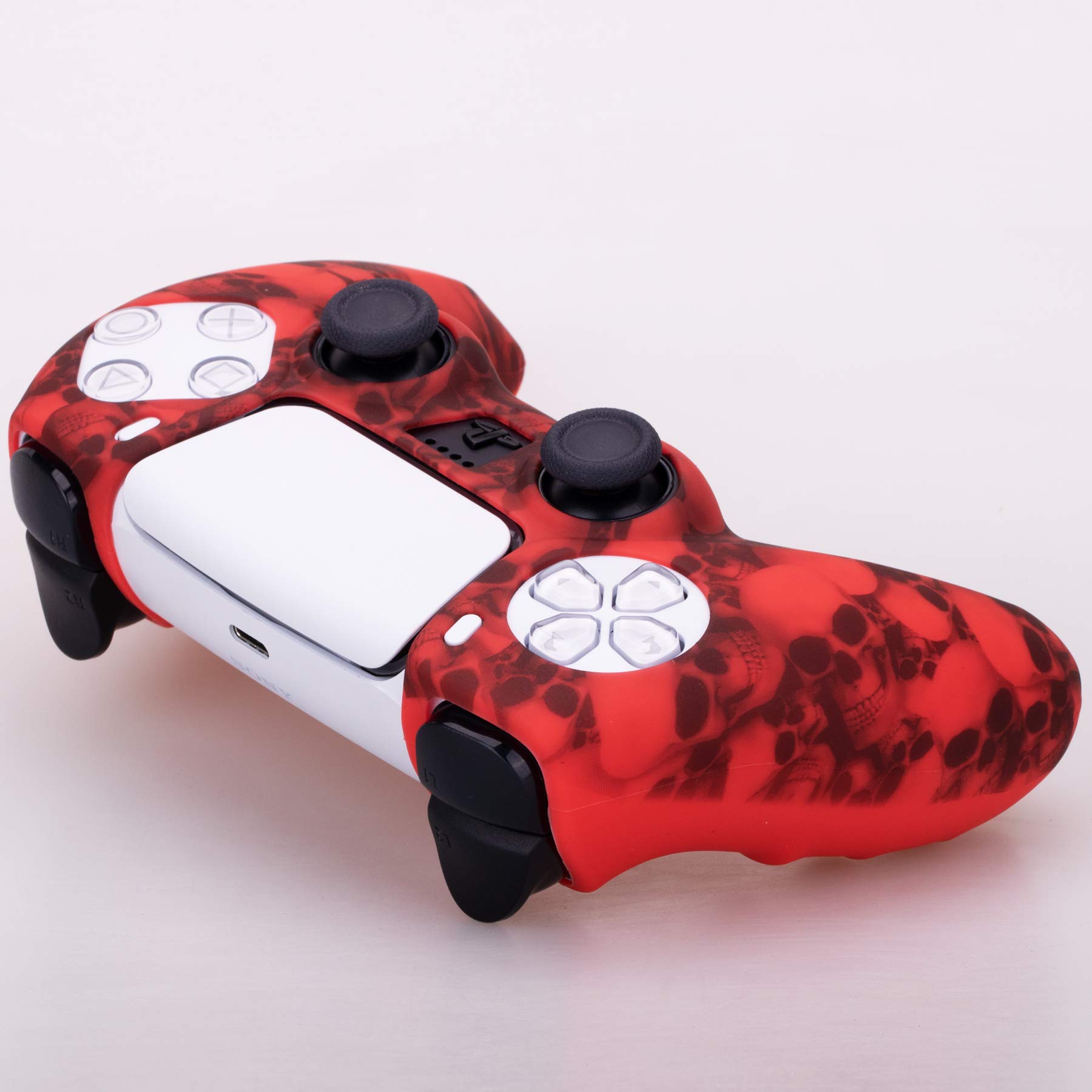 Playrealm Soft Stamp Silicone Skin Cover x 2 & Thumb Grips x 8 for PS5 Dualsenese Controller (Skulls Red+Purple)