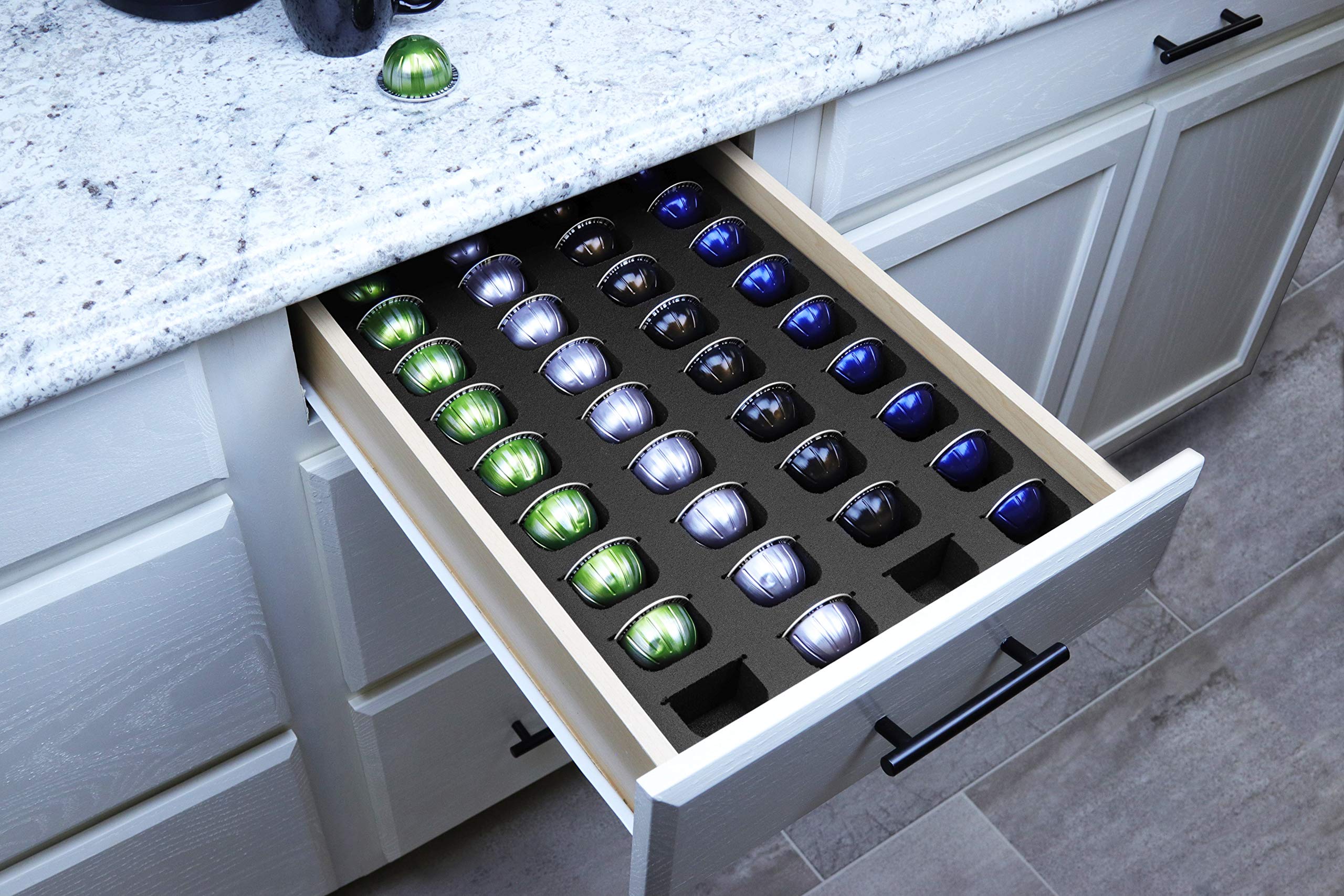 Polar Whale 2 Coffee Espresso Capsule Drawer Organizer Tray Inserts Compatible with Nespresso Vertuo VertuoLine Kitchen Home Office Waterproof Washable Black Foam 36 Compartment 12.6 X 17.9 Inches