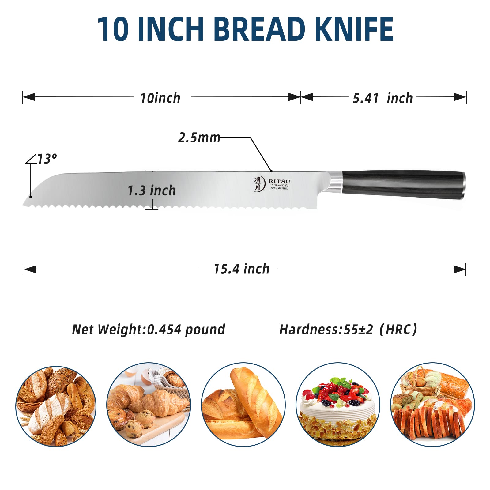 RITSU Bread Knife 10 Inch Serrated Knife, Professional Serrated Bread Knife, German High Carbon Steel Bread Slicer with Ergonomic Handle for Homemade Bread Slicing