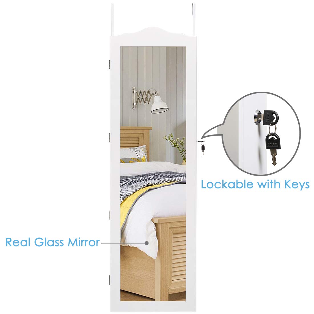 Marble Field Jewelry Cabinet Lockable Wall Door Mounted Hanging Jewelry Armoire Organizer With Full Length Mirror 2 Drawers,Black