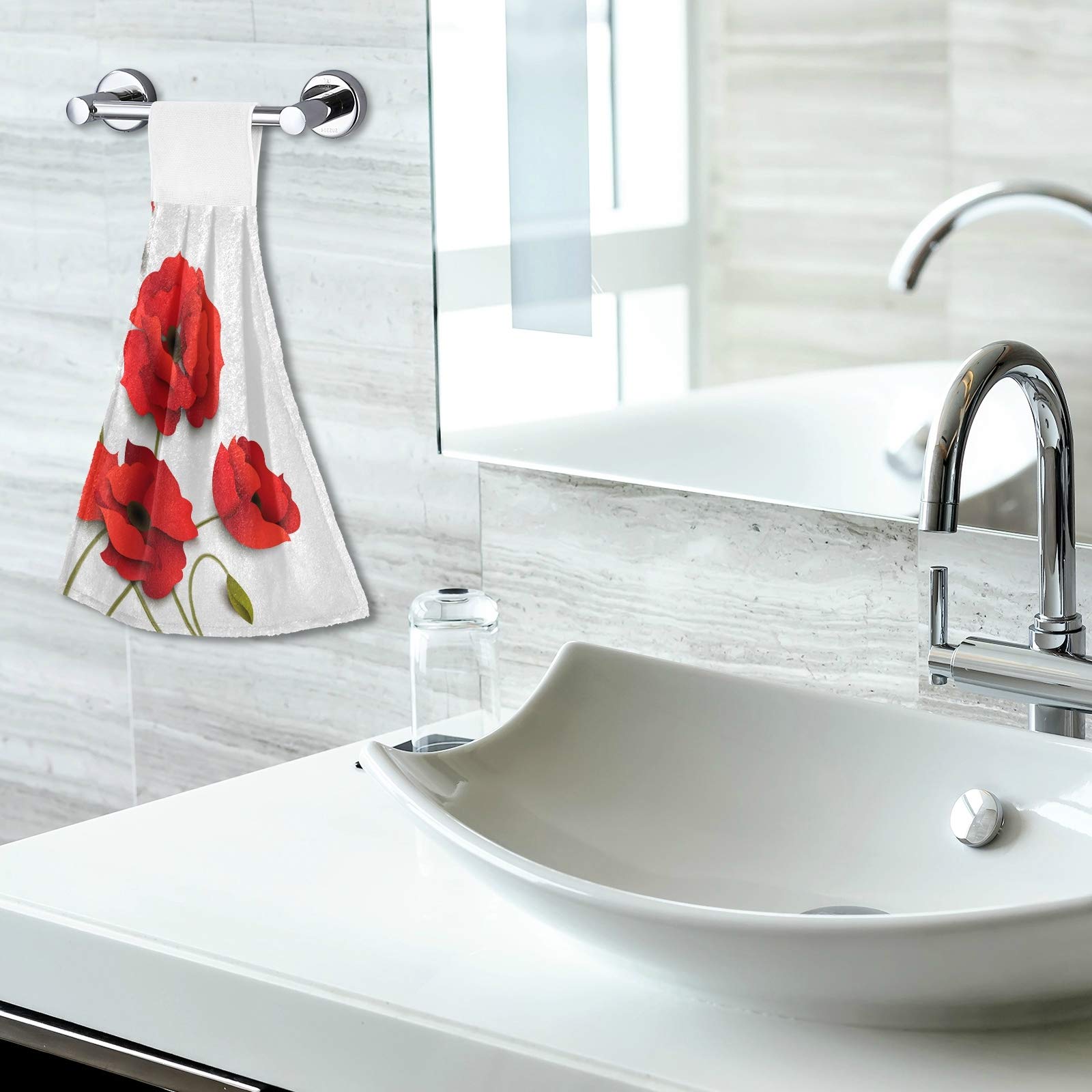 Spring Red Poppy Kitchen Hanging Towel 12 x 17 Inch Rose Blossom Floral Flowers Hand Tie Towels Set 2 Pcs Tea Bar Dish Cloths Dry Towel Soft Absorbent Durable for Bathroom Laundry Room Decor