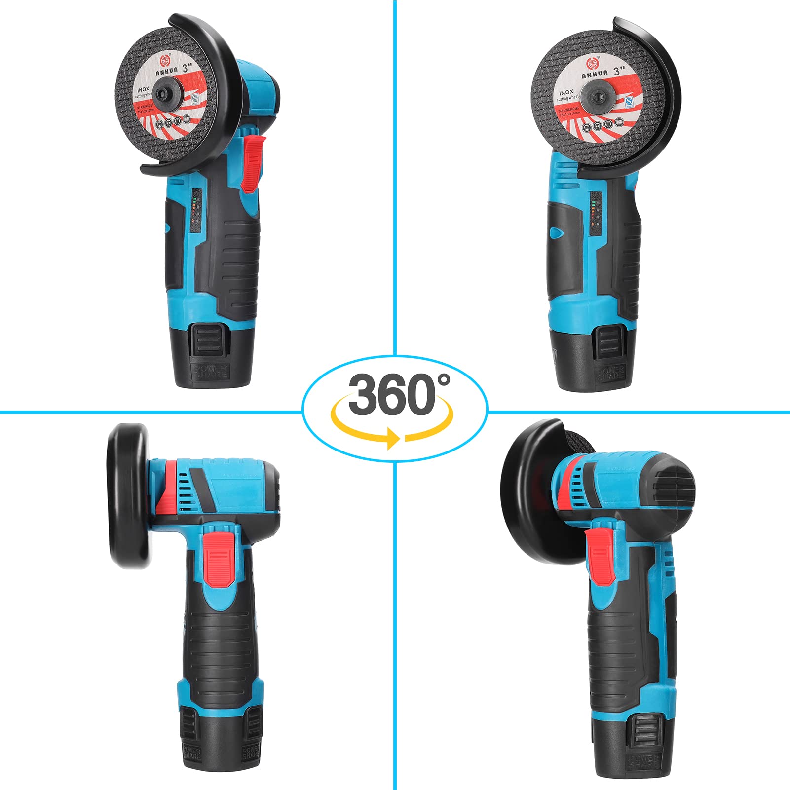 Weytoll Mini Angle Grinder, 19500rpm Electric Grinding Tool Mini Grinder Handheld Cutter,with 1pcs 12V 3900mAh Battery & 2pcs Discs for Cutting Polishing Ceramic Tile Wood Stone Steel