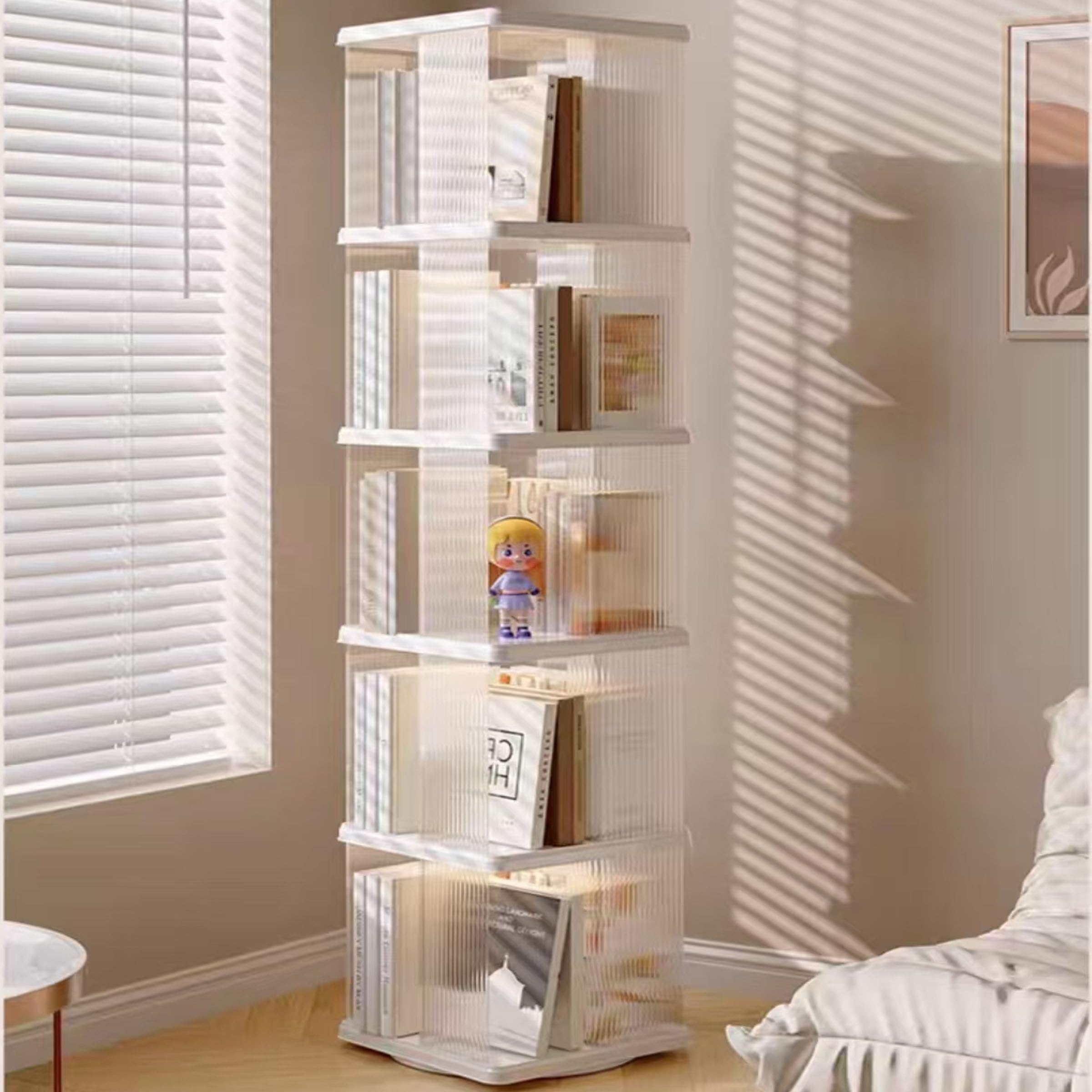 ZXFWRJDJ Rotating Bookshelf Tower, 360 Display Spinning Bookshelf,Small Corner Bookshelf for Small Space,Suitable for Bedrooms, Living Looms, Offices, and Study Rooms (White,5 Tier, 14x14x66