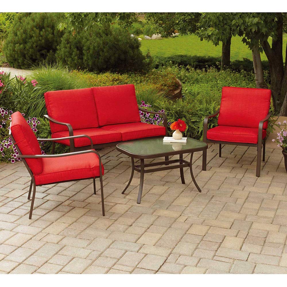 Mainstays Stanton Cushioned 4-Piece Patio Conversation Set, Seats 4 (Red)
