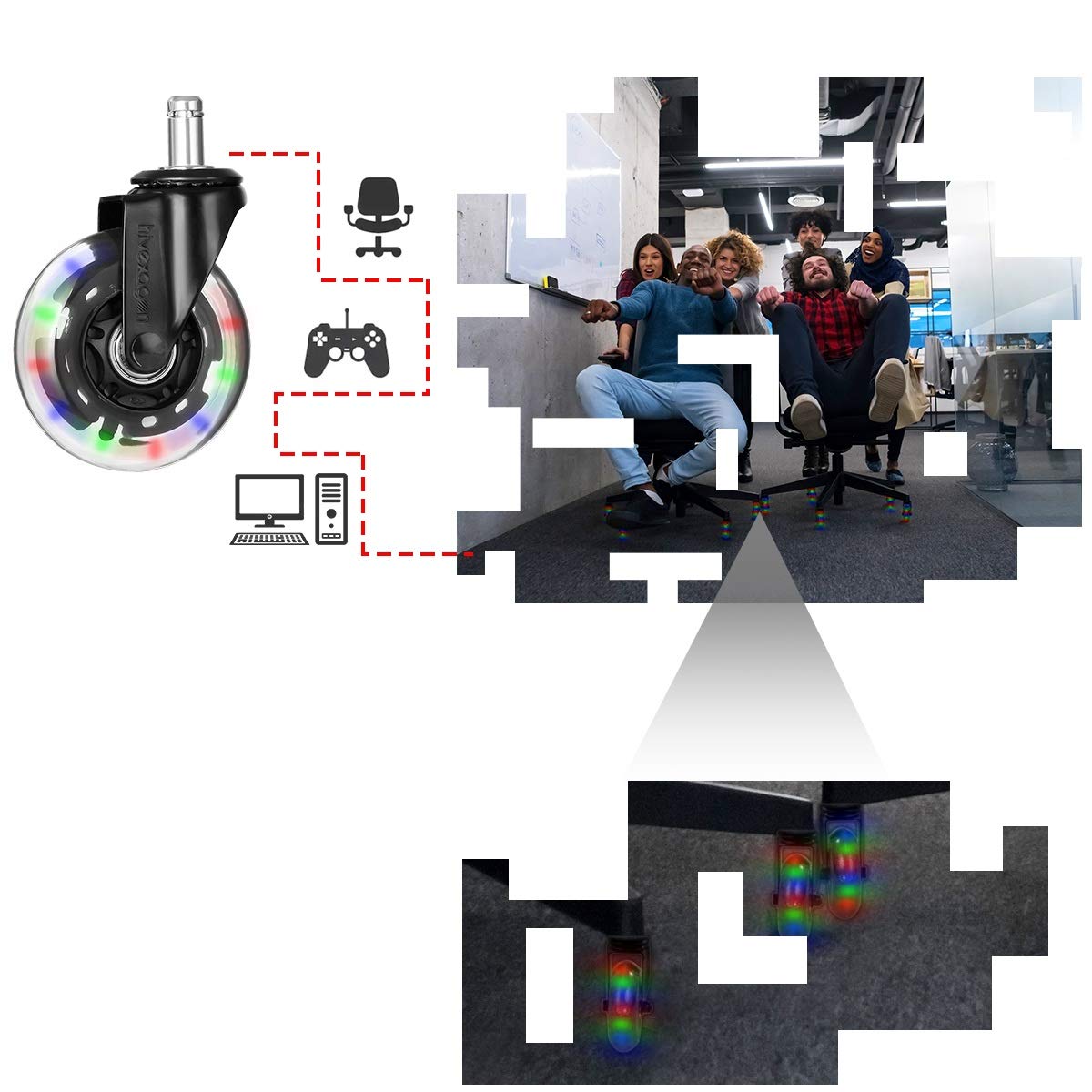 Office Chair Caster with RGB Color Changing Lights Set of 5 Rubber Replacement, Heavy Duty Universal Quiet Rolling Casters Fit Standard Office Chair for Hardwood Floors, Tiles and Carpet