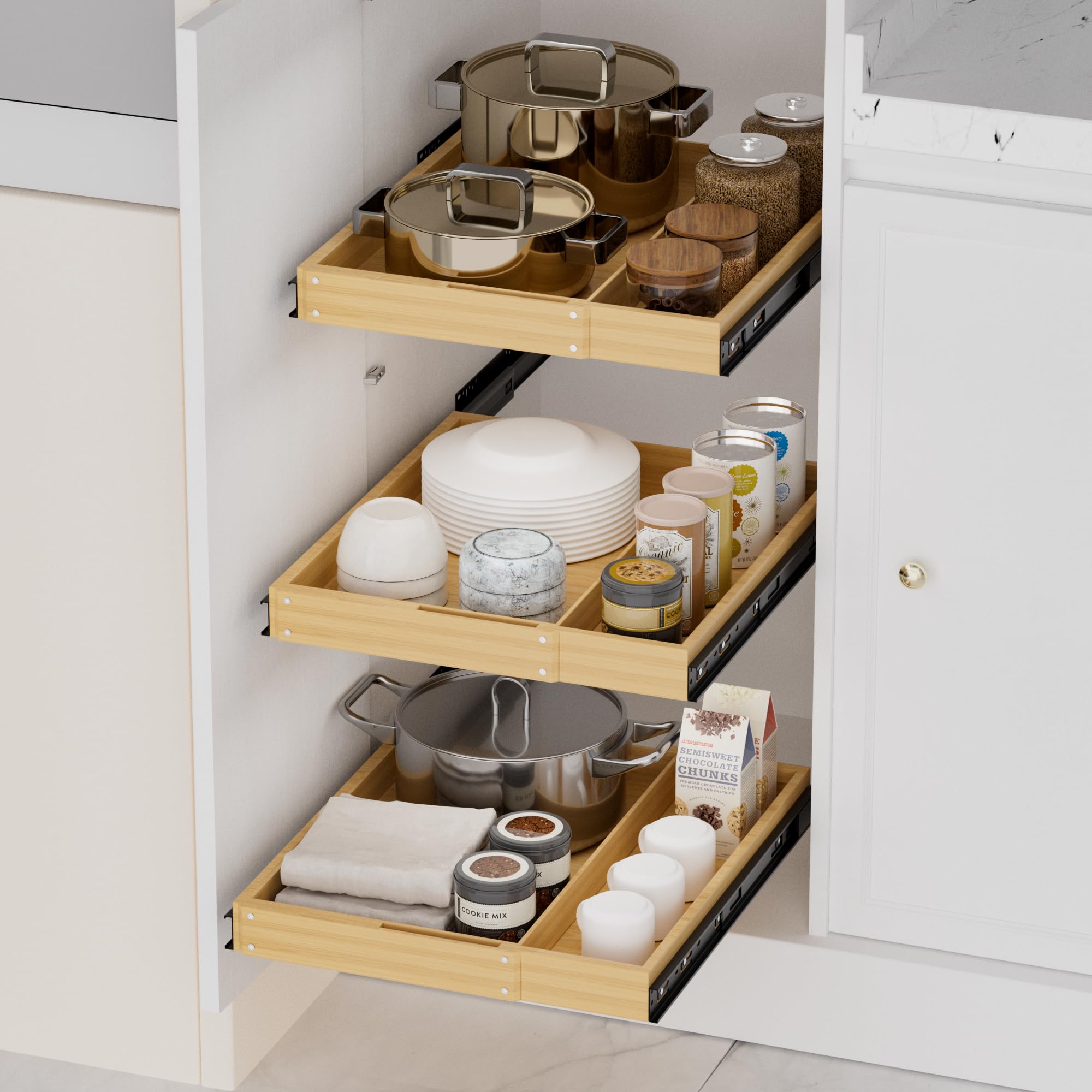 Redrubbit Pull Out Cabinet Organizer, Smooth Roll Expandable Slide Out Storage Drawer, Banboo Slide Out Kitchen Cabinet Organizer Storage Shelf,1 Pack