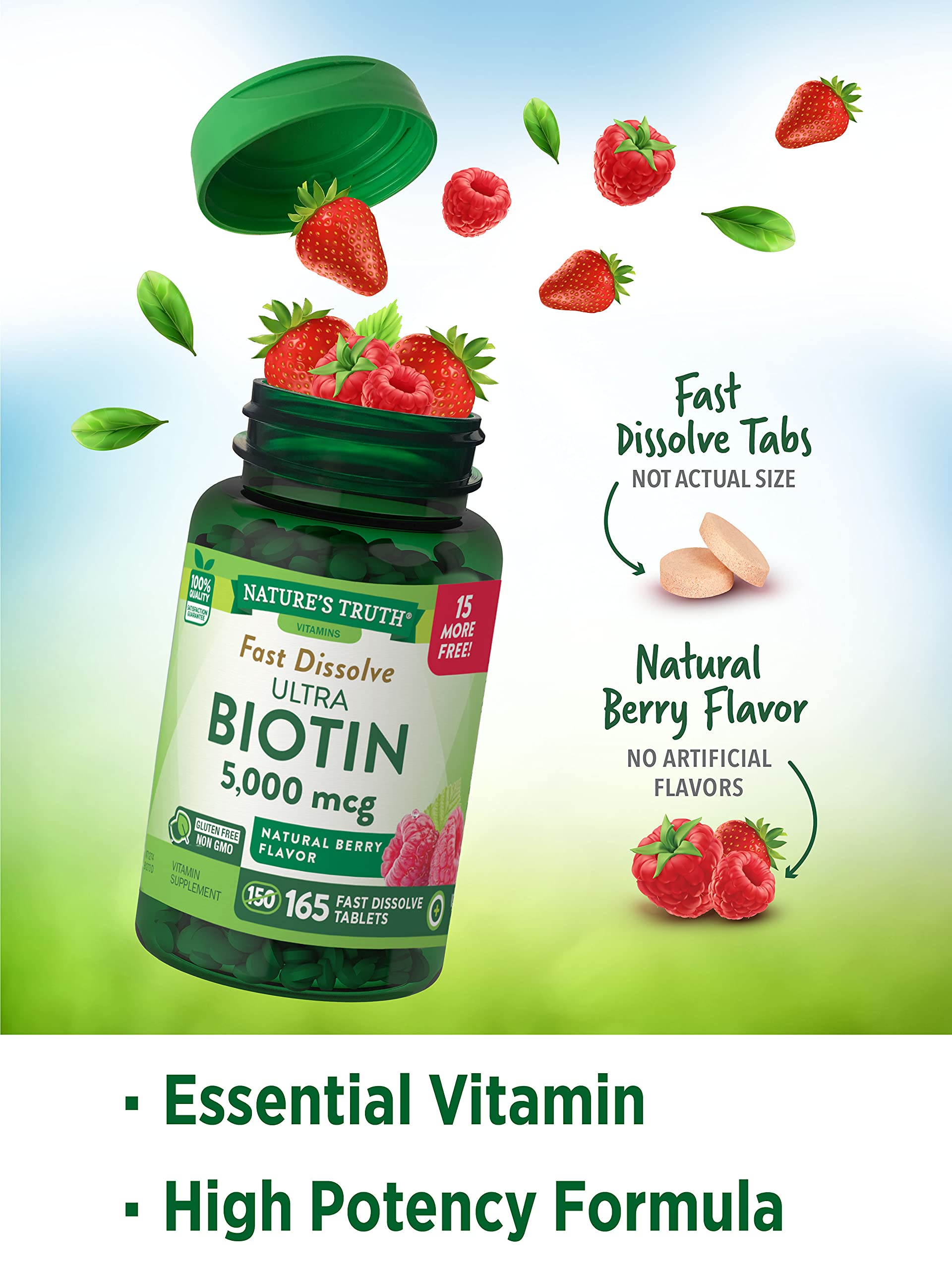 Nature's Truth Ultra Biotin 5000mcg | 165 Fast Dissolve Tablets | Hair Skin and Nails Supplement | Natural Berry Flavor | Vegetarian, Non-GMO, Gluten Free