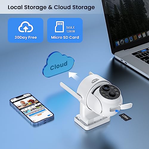 NUFEBS Security Camera 2K/4MP Wireless Outdoor with Solar Panel 355°PTZ 2.4G WiFi Waterproof Surveillance Motion Dection Spotlight/Siren, Color Night Vision，2 Way Audio，SD Card Slot/Clound (White)