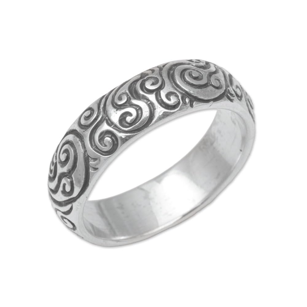 NOVICA Artisan Handmade Sterling Silver Band Ring 925 Swirling Fern from Indonesia No Stone [band Width 5 mm W] ' Destiny Engraved'