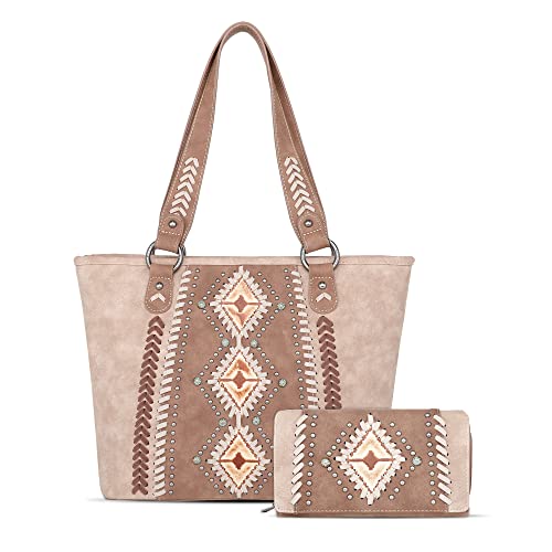 Montana West Women's Aztec Tooled Collection Vegan Leather Tote Bag Large Top Handle Handbags Western Shoulder Handbag with Wallet MW1070G-8317BR+W