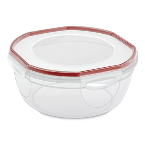 Sterilite Ultra-Seal 4.7 Qt Bowl, Large Airtight Food Storage Container, Latching Lid, Microwave and Dishwasher Safe, Clear With Red Gasket, 4-Pack