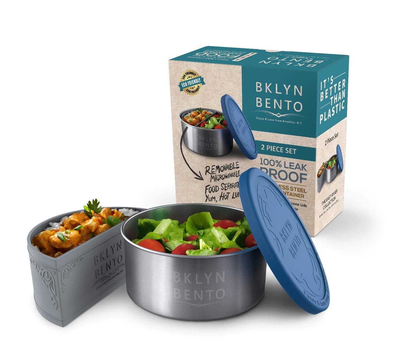 Stainless Steel Food Container With Silicone Food Separator and Leak Proof Silicone Lid | Metal Lunch Box Divider | Bento Box | Portion Control Snacks (Blue & Grey (Food Separator)