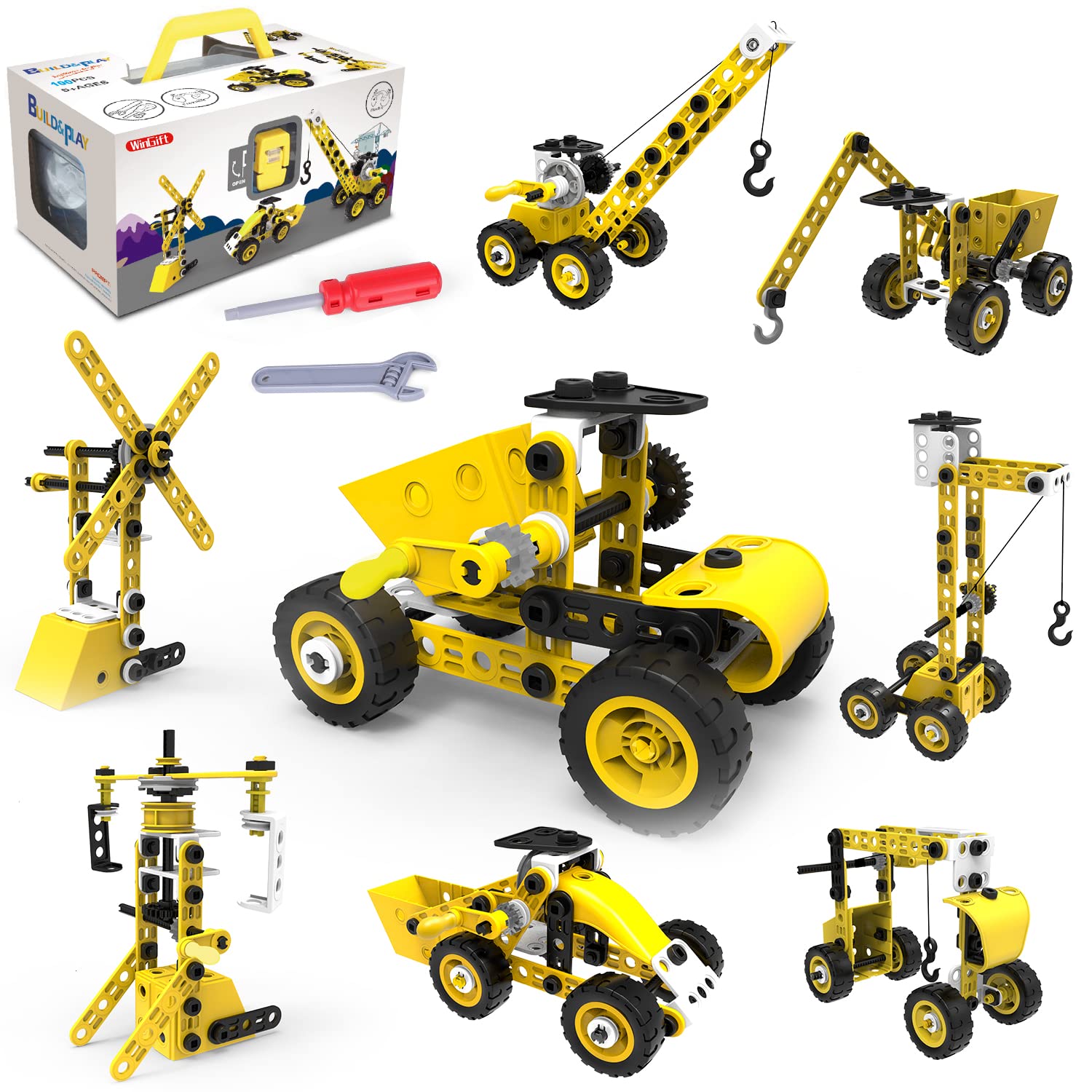 WINGIFT 100 Piece STEM Building Blocks Toys - 8 in 1 Educational Construction Engineering Set DIY Learning Kit for Ages 5 6 7 8 9 10+ Year Old Boy Girl,Best Kids Gift for Creative Game Fun Activity