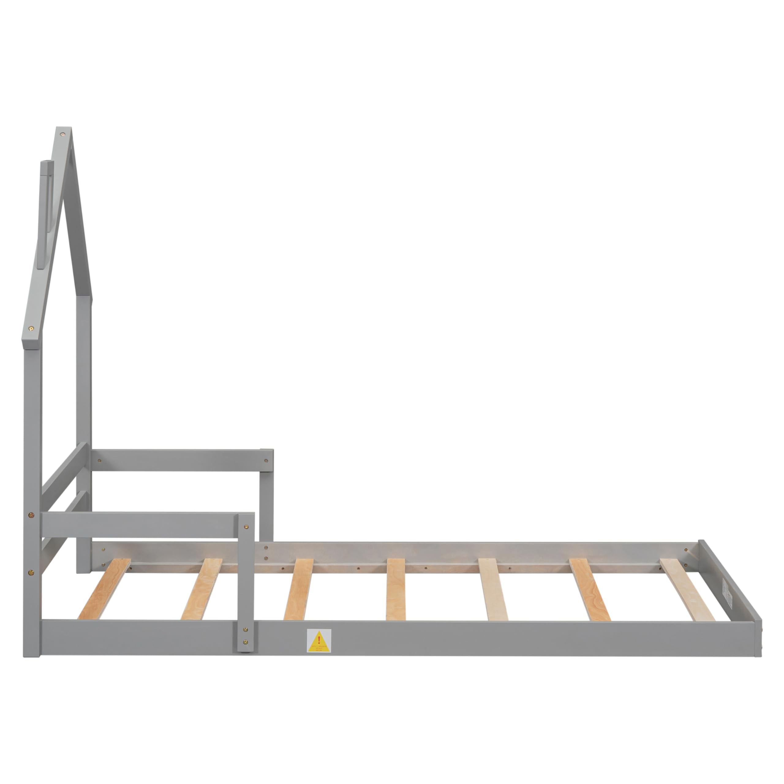 Zyerch Twin House-Shaped Headboard Floor Bed with Handrails,Wooden Bed Frame with Slat for Kids, Teens, Boys Or Girls,Grey