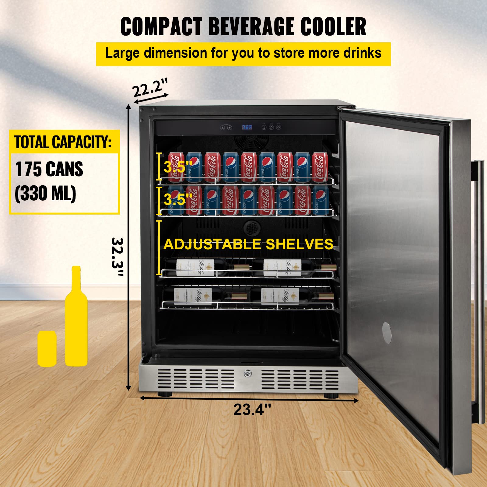 VEVOR 24'' Built-in Beverage Cooler, 5.3 cu.ft. Stainless Steel Beverage Refrigerator w/Embraco Compressor, 142 Can Beer Fridge for Home Bar Office Outdoor Indoor Use, 150L, Black & Silver