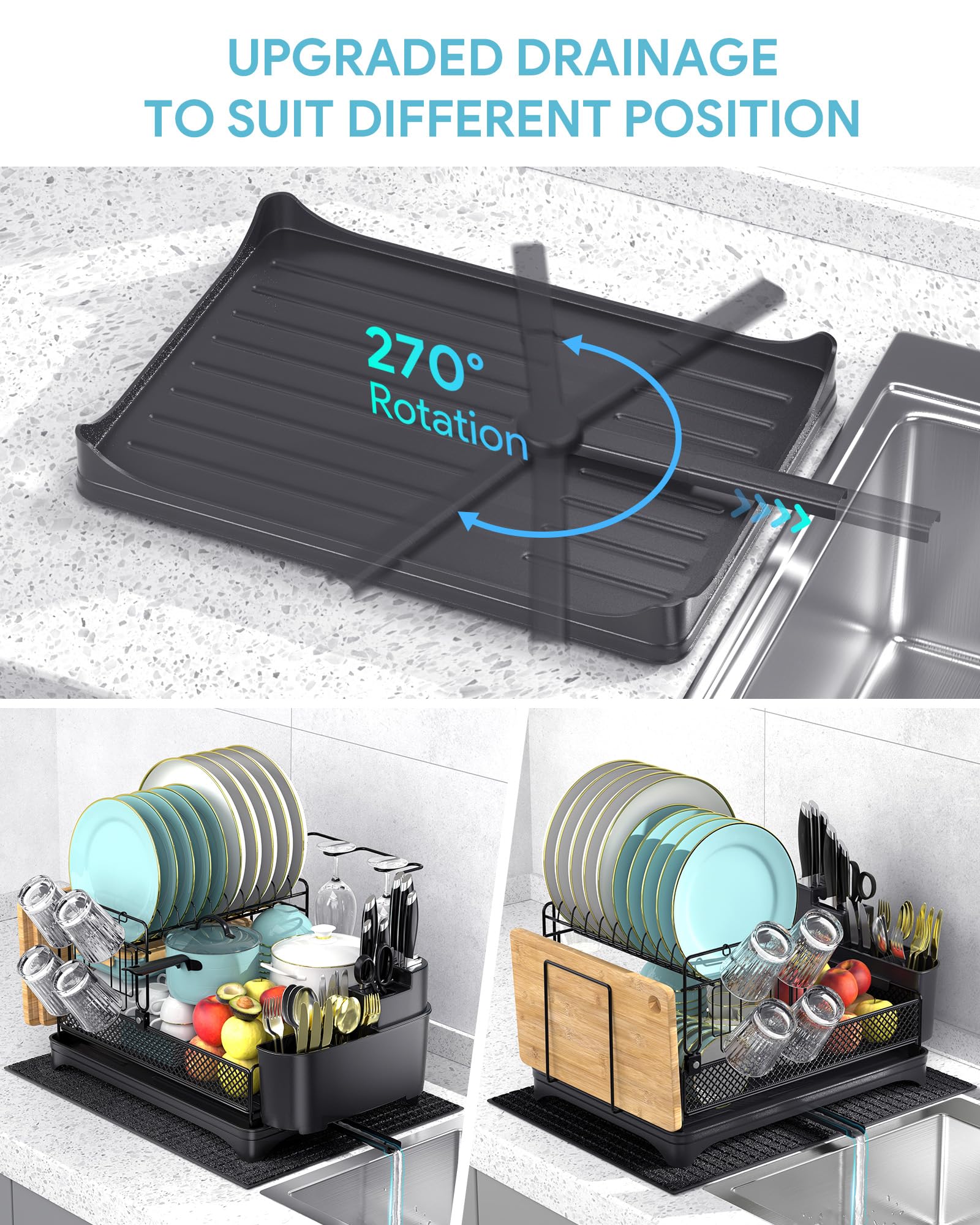 Lvtrupc Dish Drying Rack - Large-Capacity Dish Rack for Kitchen Counter, Stainless Steel Dish Drainer, 2-Tier Kitchen Dish Drying Rack for Dishes, Cutlery and Wine Glasses with Extra Dryer Mat