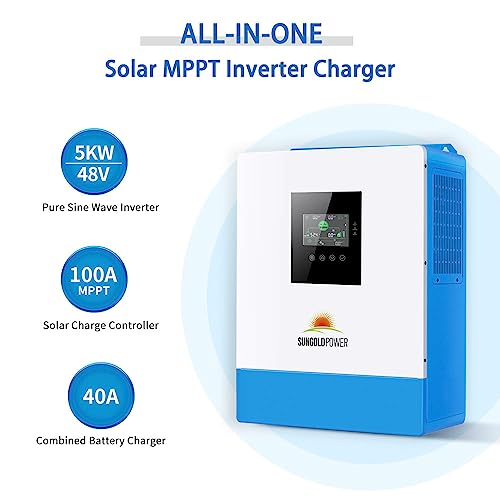 SUNGOLDPOWER 5000W 48 Volt Hybrid Solar Inverter Pure Sine Wave, 120Vac AC Input,120Vac AC Output, 100A MPPT Solar Charger and 40A AC Battery Charger (Parallel&Grid Feedback&Batteryless)