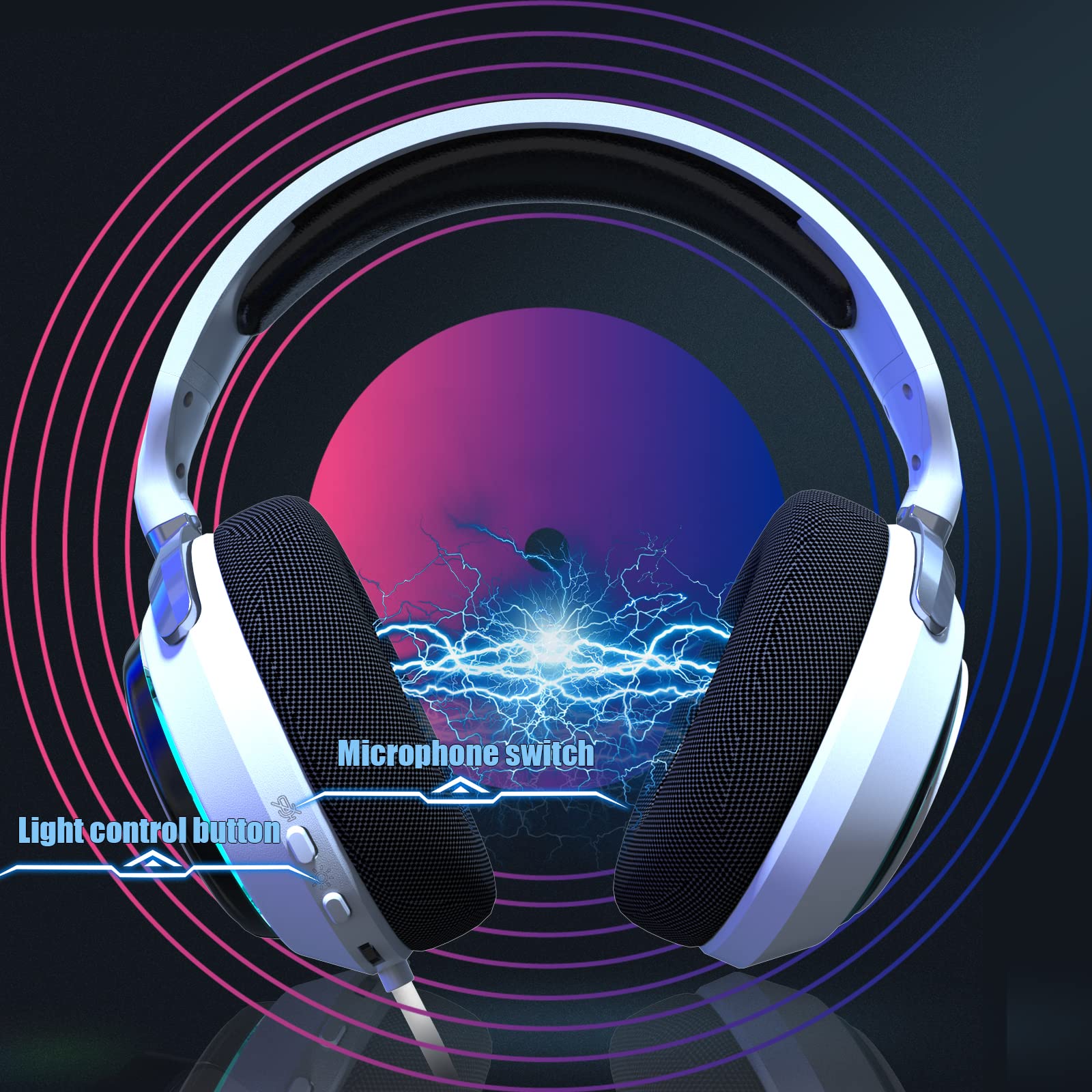 targeal 7.1 Surround Sound Gaming Headset for PS5, PS4, Switch, PC, Laptop, Tablet, Mobile Phone - USB Wired Gamer Headphone with Noise Canceling Mic - 4 Modes RGB - White Headset with C Cable