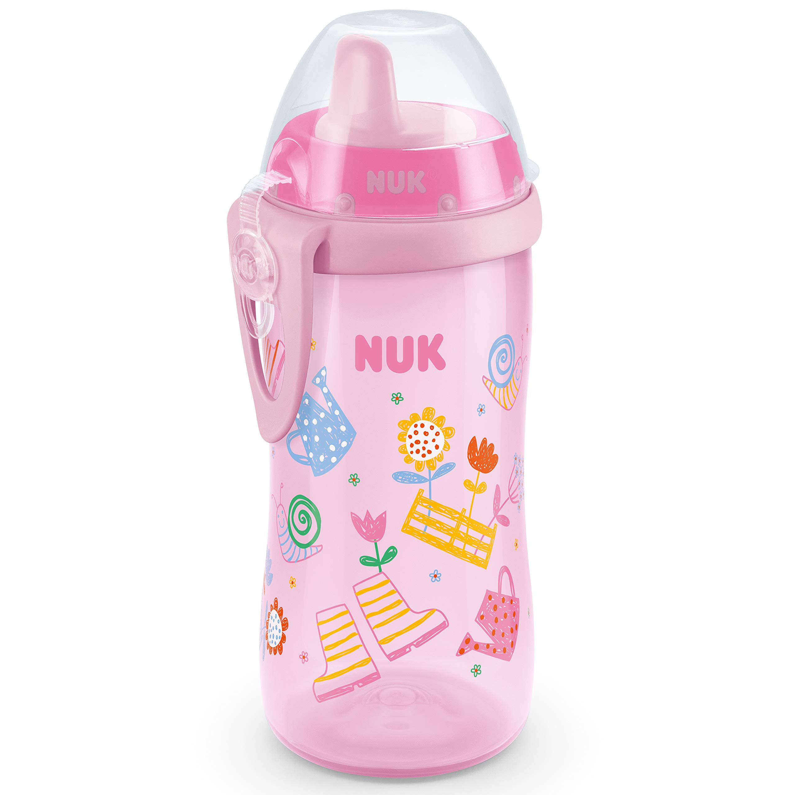 NUK First Choice+ Kiddy Cup Toddler Cup | 12 Months+ | Leak-Proof Toughened Spout | Clip & Protective Cap | BPA-Free | 300 ml | Pink Garden