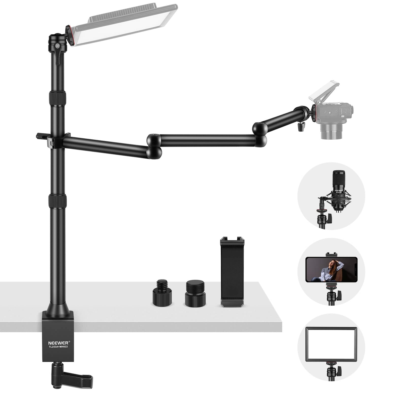 NEEWER Upgraded Tabletop Camera Mount Stand with 3 Section Flexible Arm, Overhead Height Adjustable Stand Mount with Phone Holder, Ball Head for DSLR Camera, Phone, LED Light, Webcam, TL253A+MH022