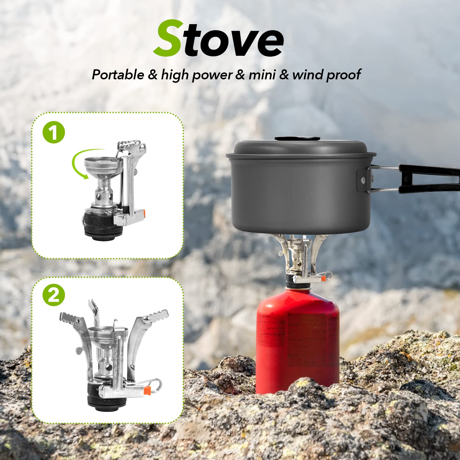 Rlrueyal 15pcs Camping Cookware Backpacking Stove,Non-Stick Camping Pot and Pans Set Fork Spoon Kit for Hiking,Picnic and Camping