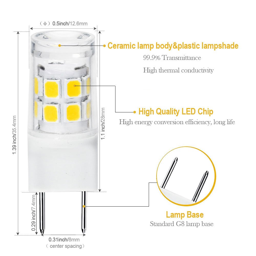 NAY G8 LED Light Bulb 3 Watts Daylight White - G8 Base Bi-pin Xenon JCD Type LED 120V 20W Halogen Replacement Bulb for Under Counter Kitchen Lighting, Under-Cabinet Light.Pack of 5(5, G8 Daylight)