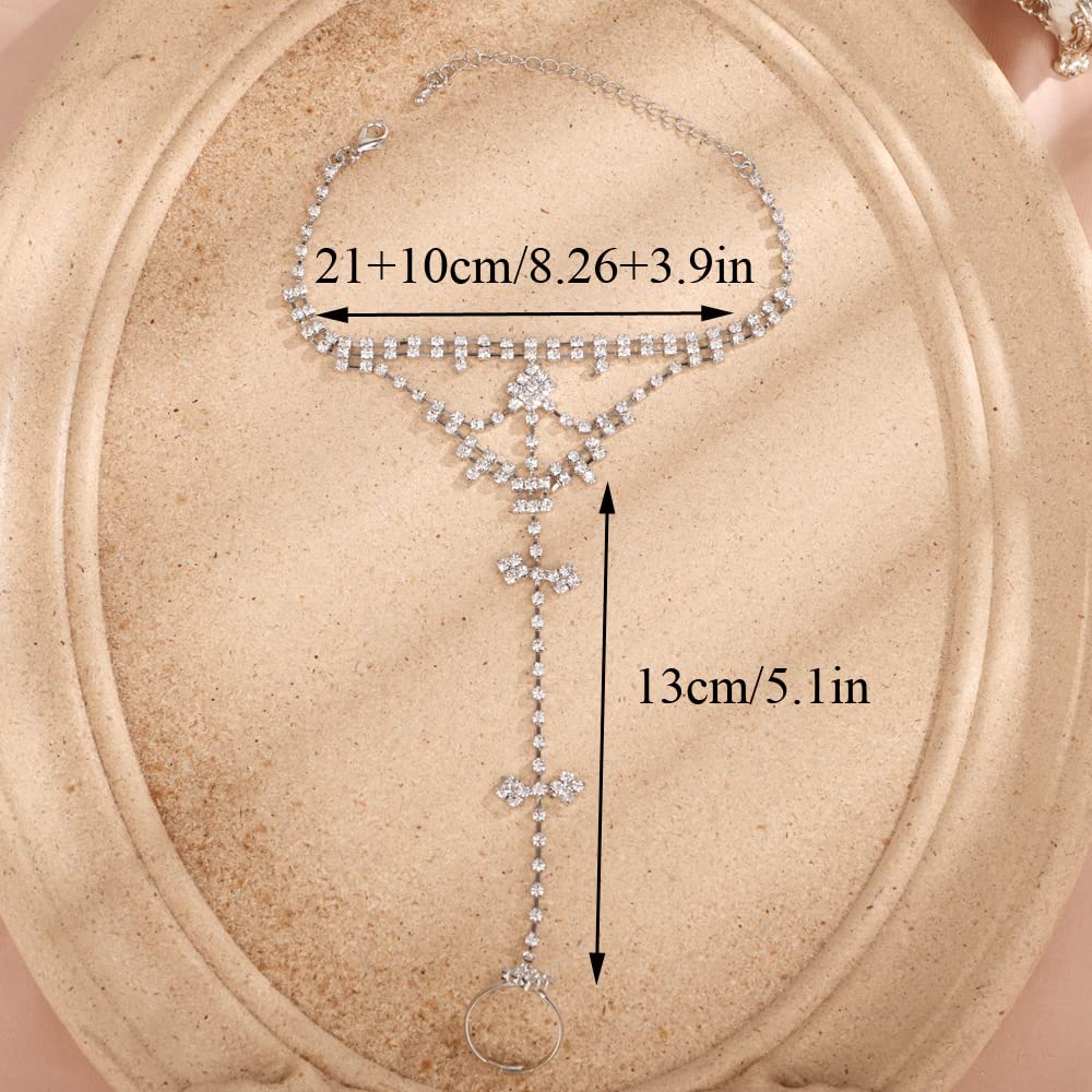 Rumtock Twisted Rhinestones Chain Sparkle Bracelet for Wedding Brides Bridesmaid Women Girls Boho Hand Chain with Finger Ring