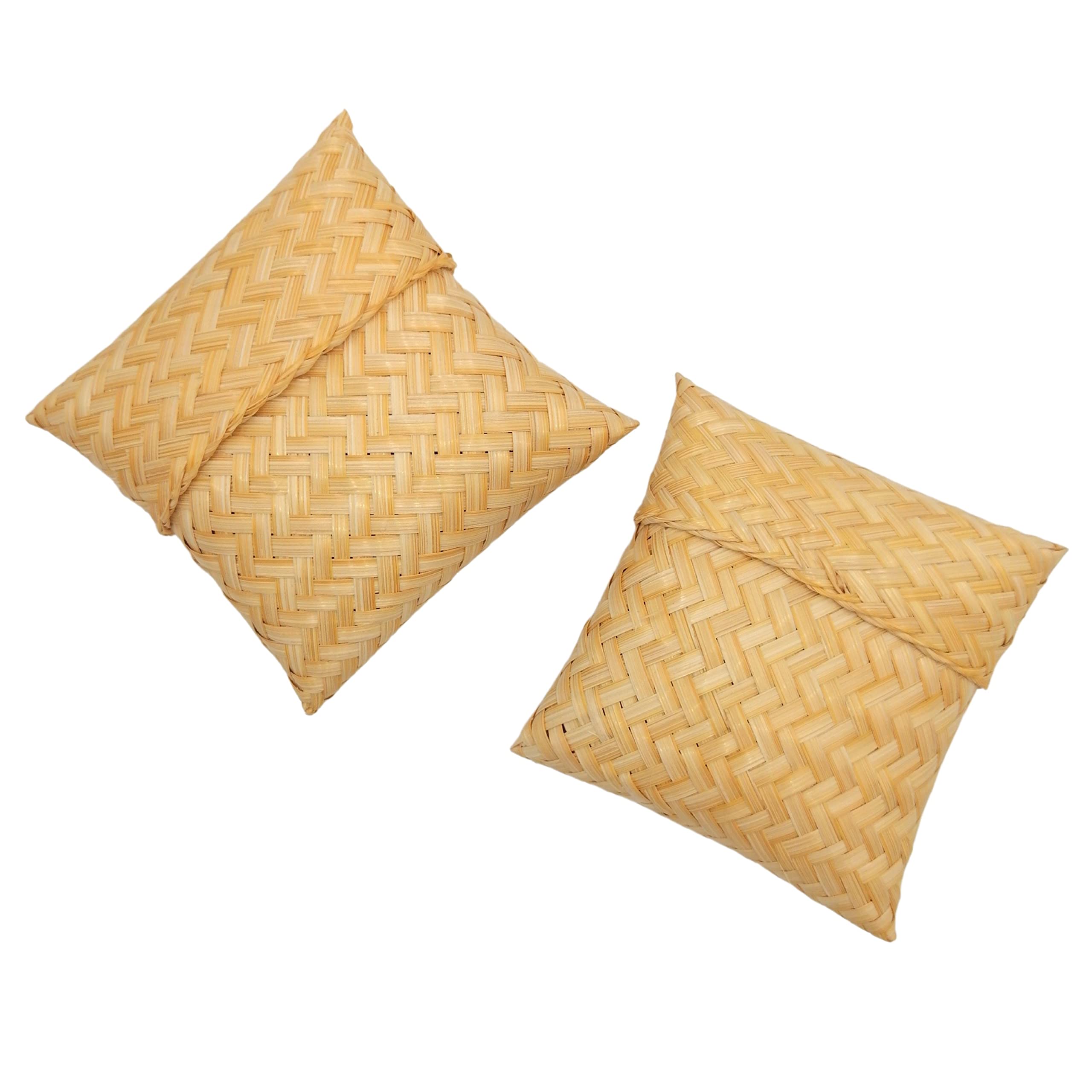 Sticky Rice Basket 4(3.5) x 4(3.5) In., Kratip Bamboo Steamed Sticky Rice Container, Thailand Handmade Serving Basket, Original Color, Thai and Laos Flat Kratib for Home, Restaurant (Flat Kratip 2)