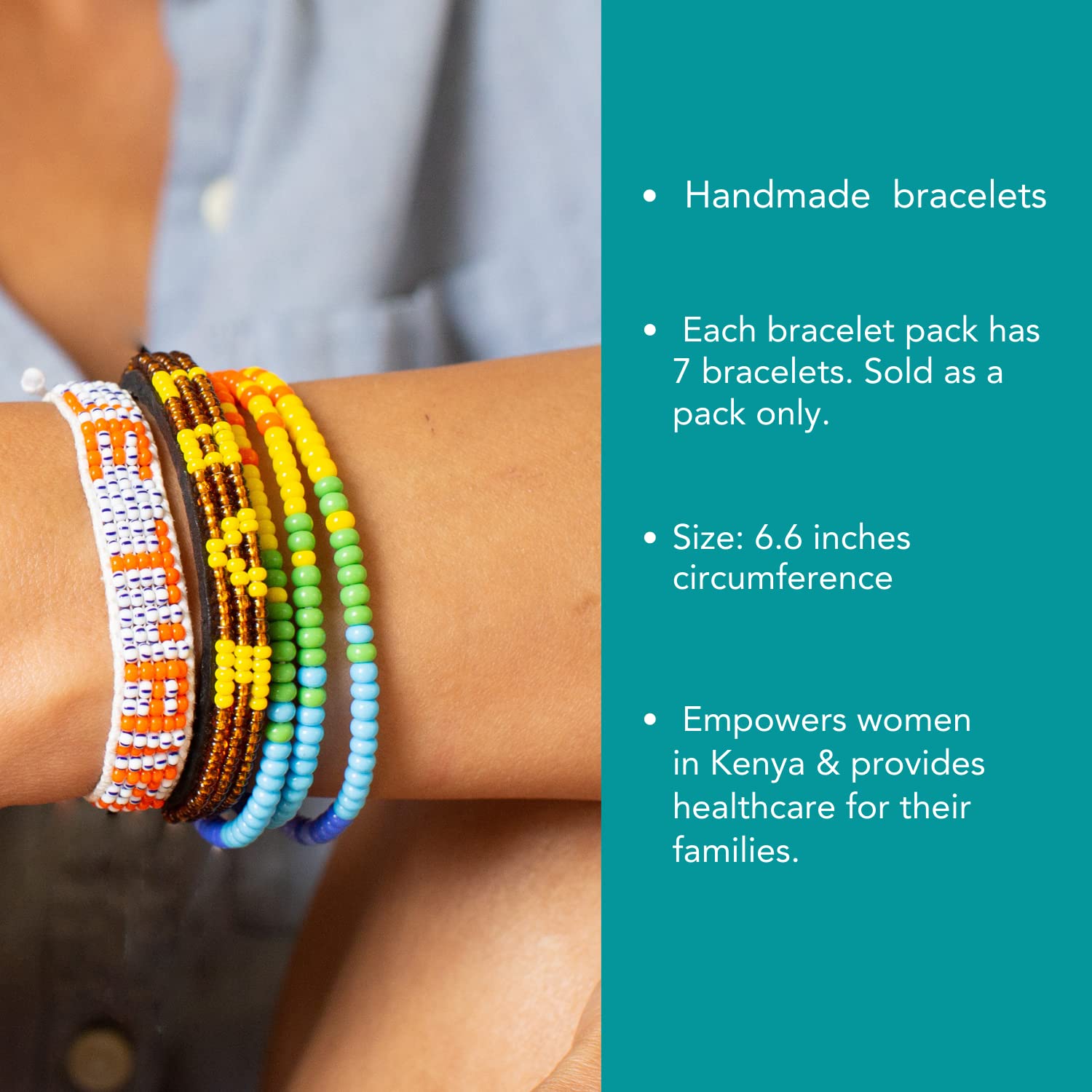 Ubuntu Life Rainbow Glass Bead Bracelet Pack – Pack of 7 Handmade, Elastic Nylon and Glass Beaded Bracelets, Bright and Colorful Stretch Bracelet Set (Rainbow, 7-Pack)