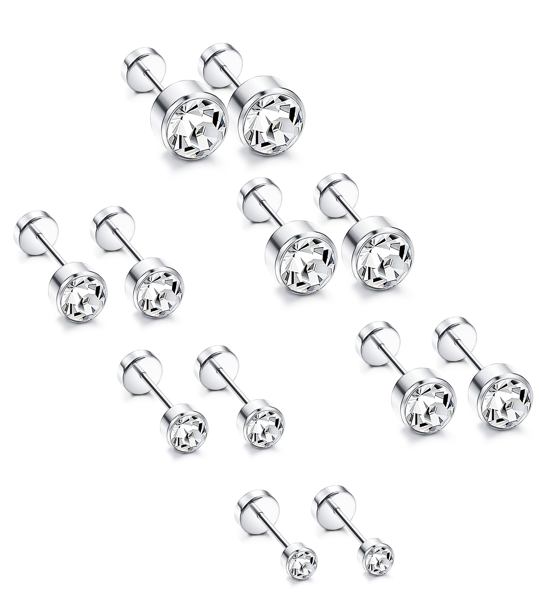 ORAZIO 6 Pairs Stainless Steel CZ Stud Earrings for Women Cartilage Stud Earrings Screwback Silver Tone 3-8mm